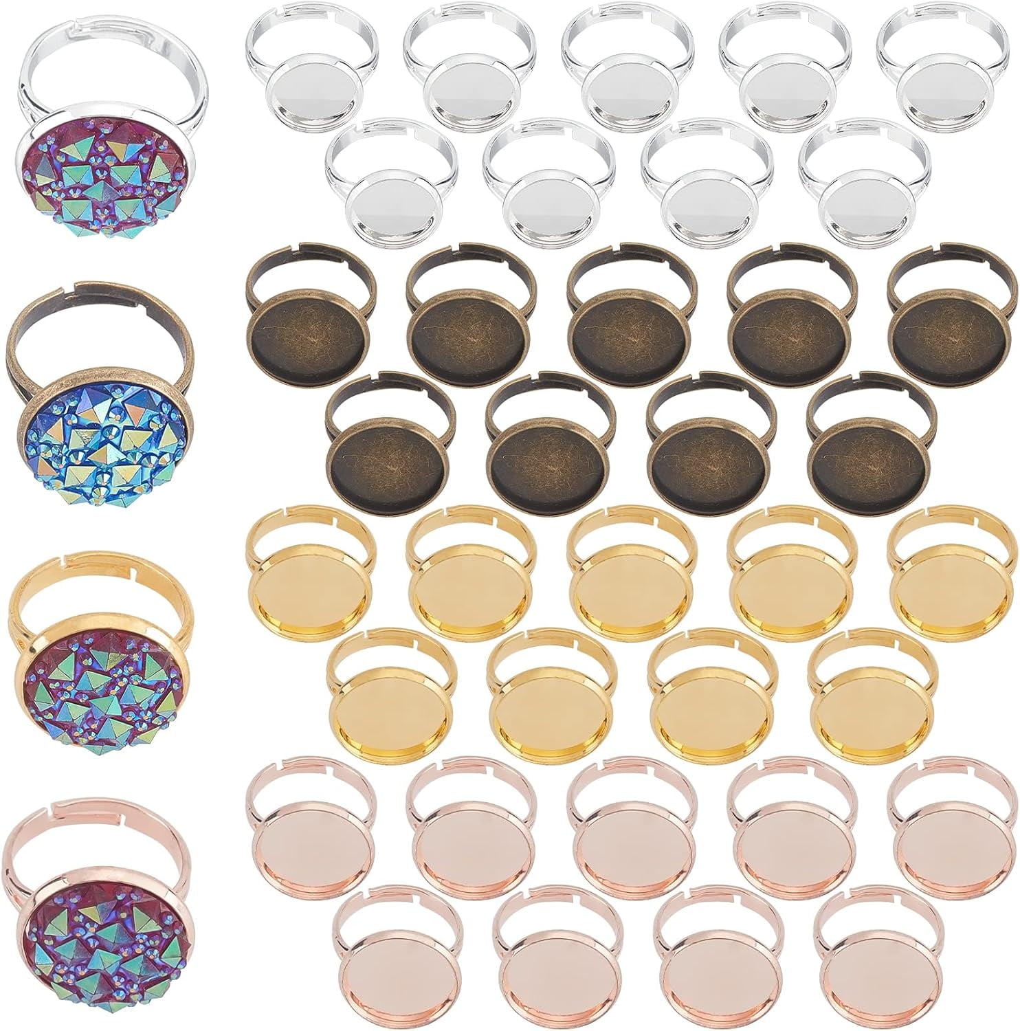 40Pcs 4 Colors Adjustable Brass Ring Components Pad Ring Findings with ...