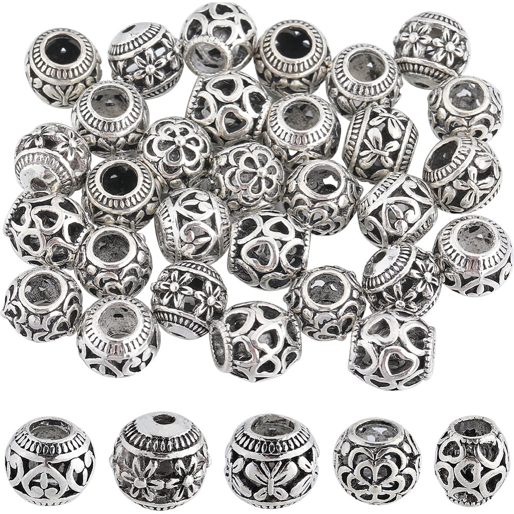40Pcs 5 Styles Alloy European Beads Large Hole Beads Rondelle Hollow ...