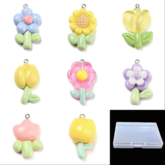 40Pcs 8 Styles Opaque Transparent Resin Pendants Flower Charms with ...