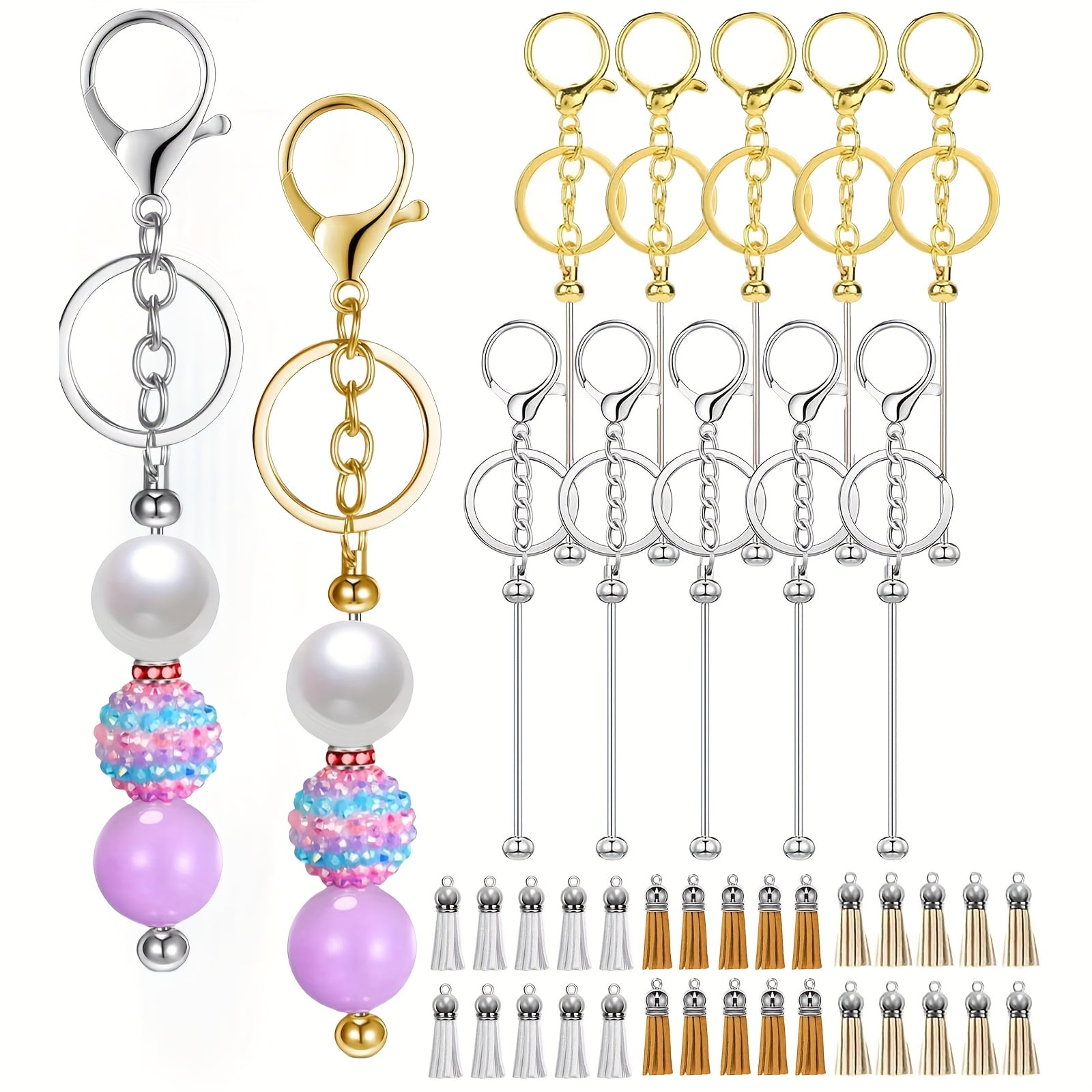 40Pcs Beadable Keychains Bars With Multicolor 30 Tassels DIY Multicolor ...