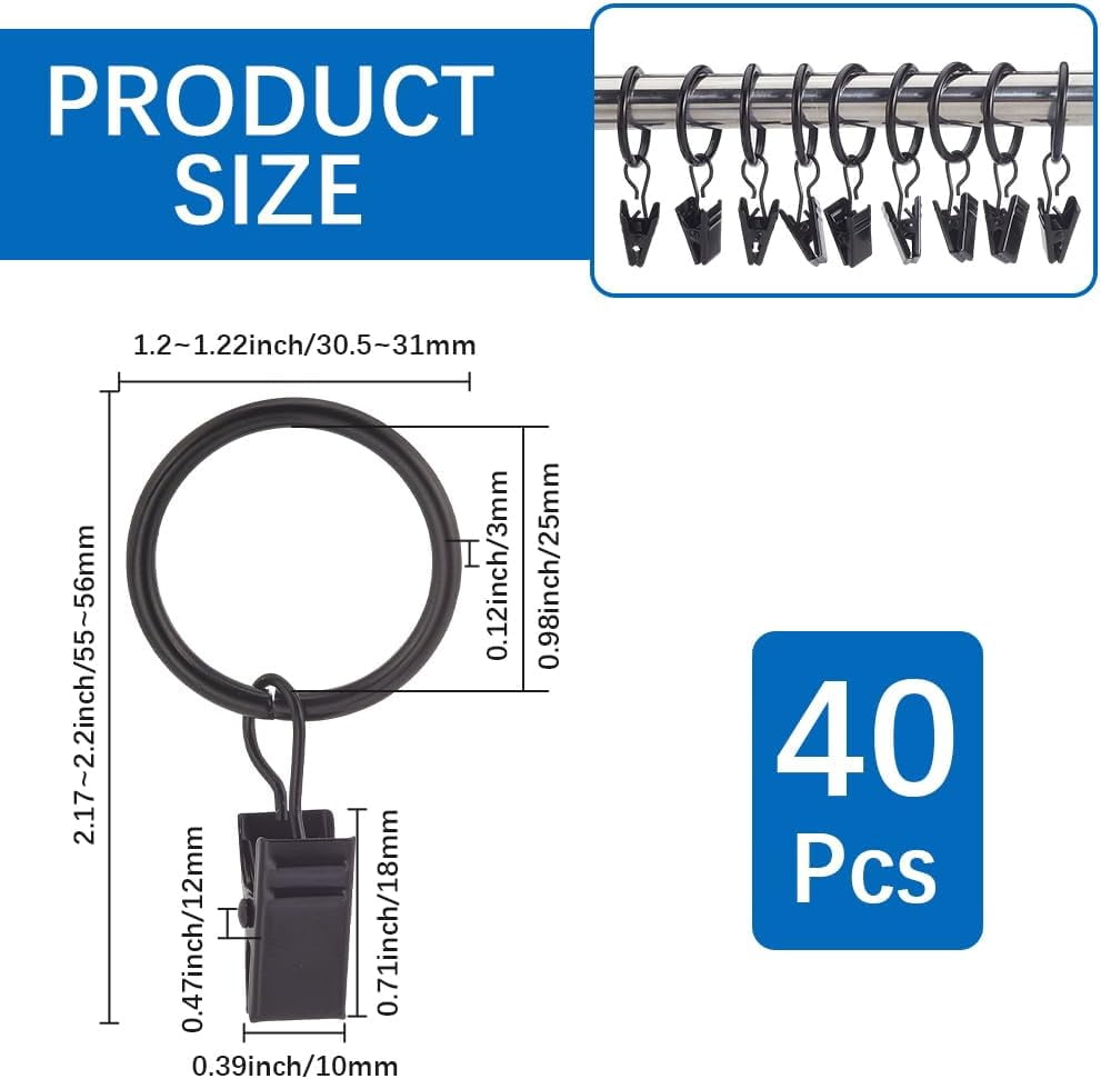 40Pcs Black Curtain Clip Rings Drapery Hanging Rings 1.18 Inch Iron ...