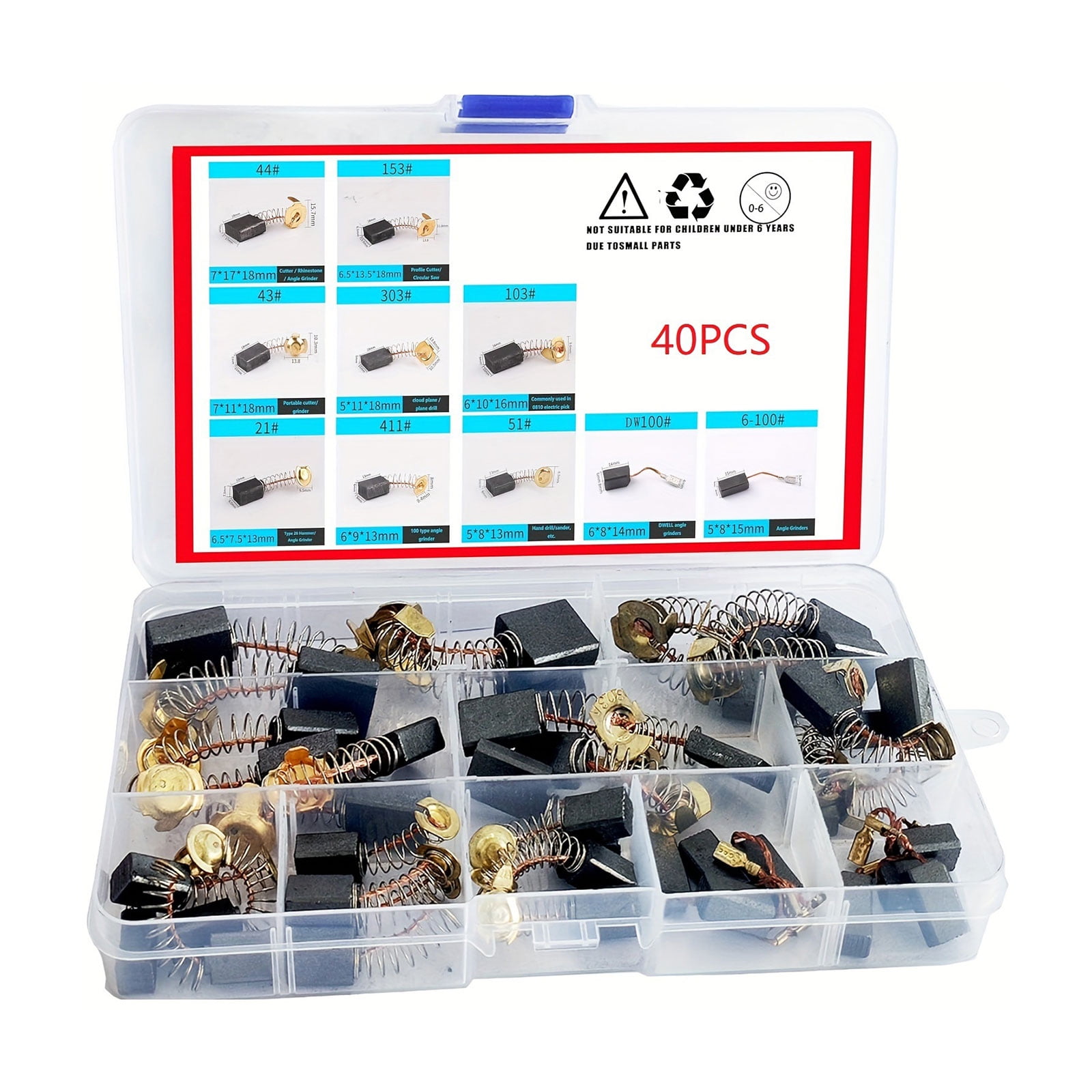 40Pcs Carbon Motor Brush Set (10 Sizes) Electric Motor Brushes Power Tool Replacement Part for ...