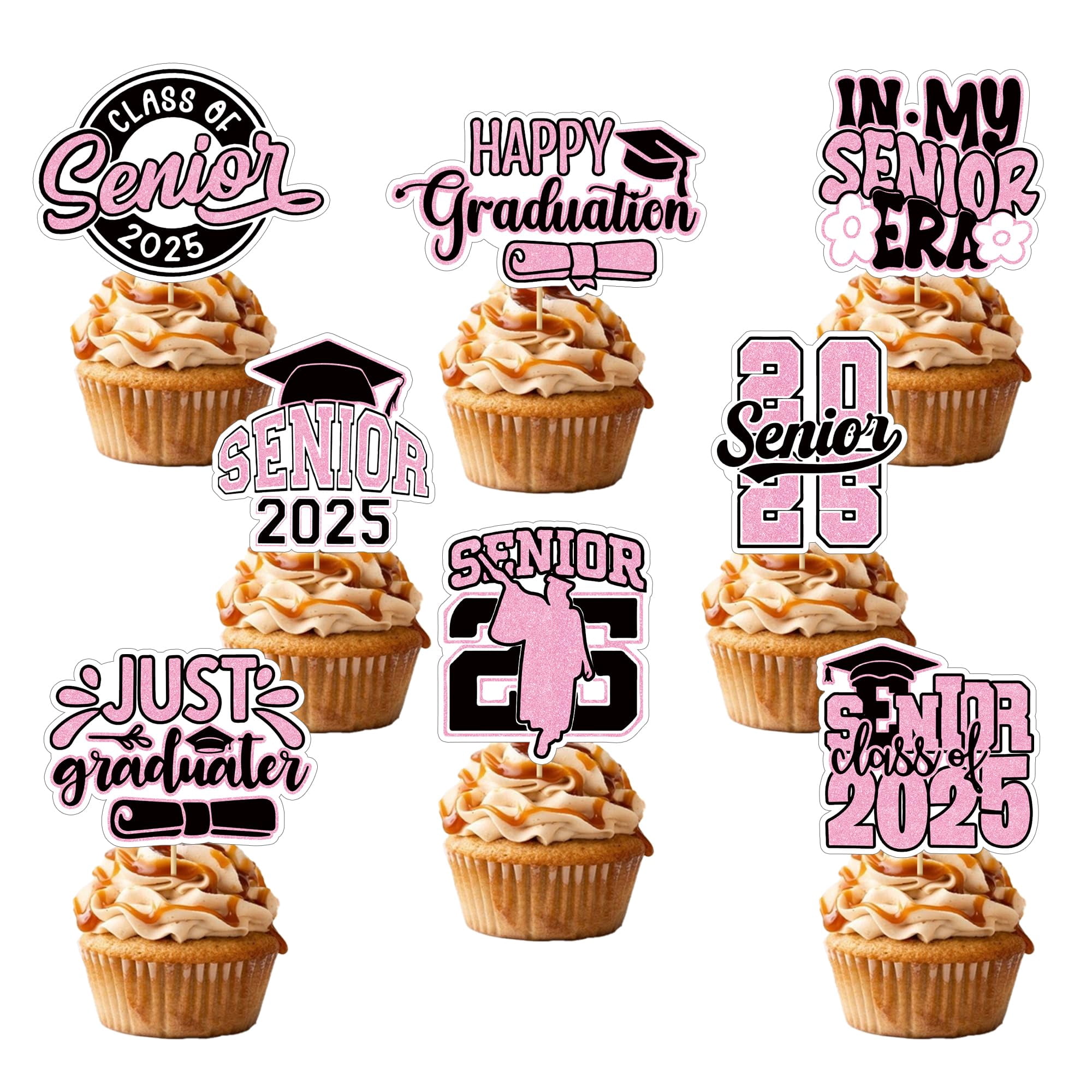 40Pcs Class of 2025 Graduation Cupcake Toppers MDH1- Pink & Black ...