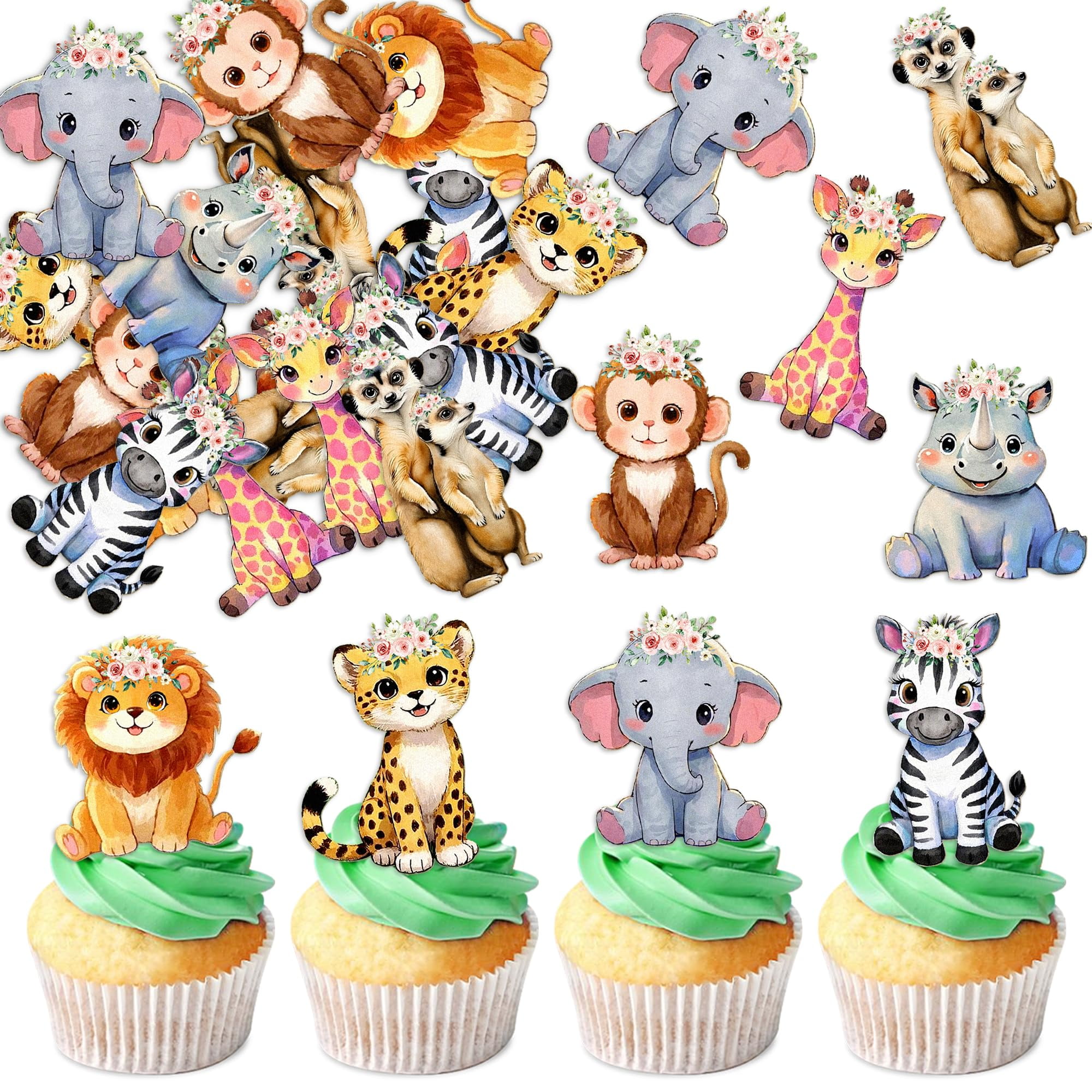 40Pcs Edible Floral SCH4 Jungle Safari Animal Cupcake Toppers Wafer ...