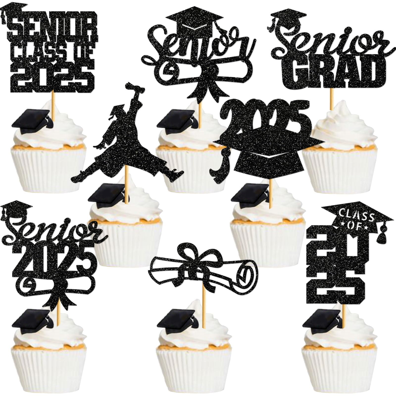 40Pcs Graduation CupcakeITSC Toppers 2025 Black Glitter Senior Class of ...