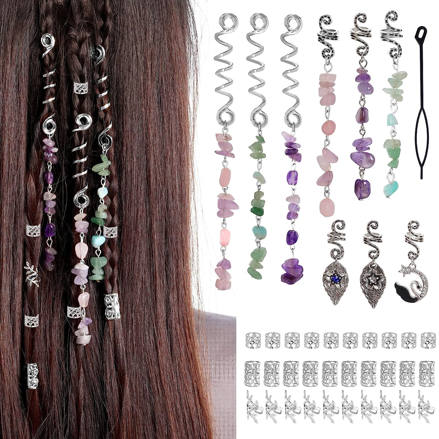 40Pcs Hair Jewelry for Braids,Natural Colored Crystal Stone Hair Braid ...