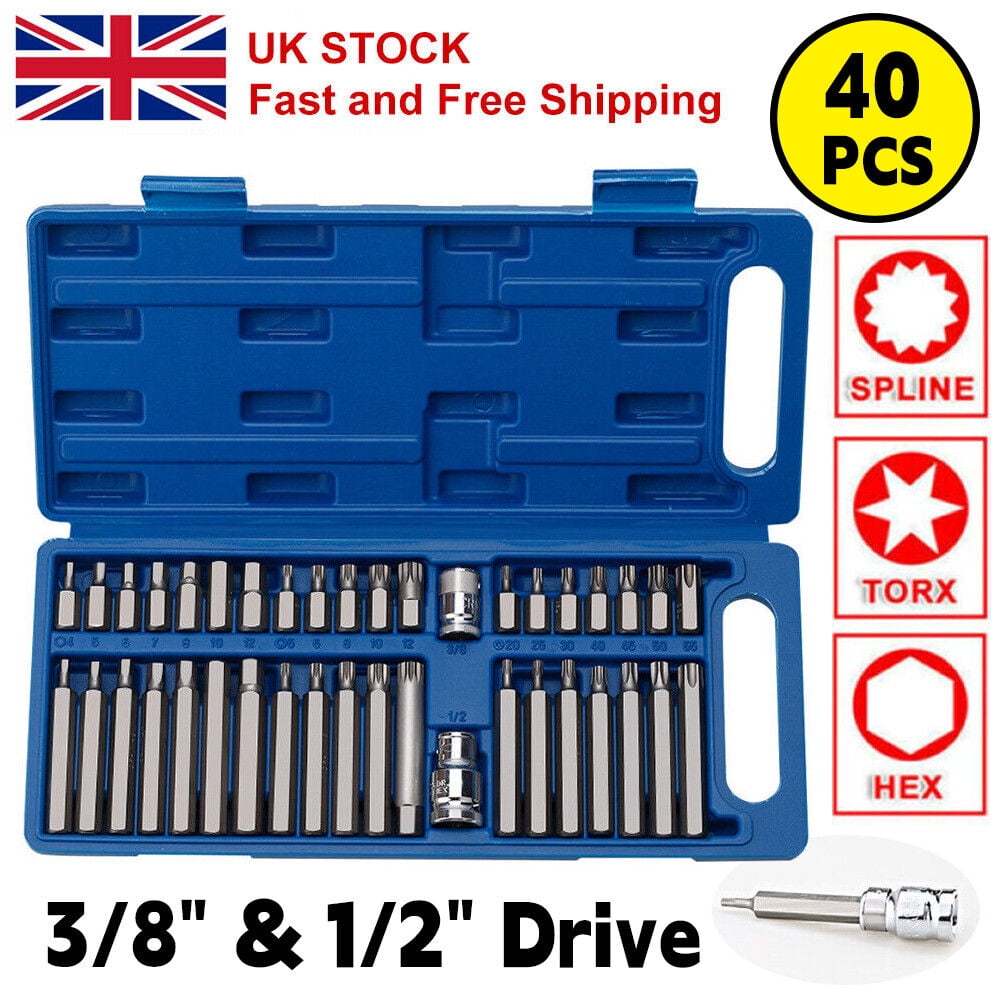 40Pcs Hex Torx Star & Spline Bit Socket Set 3/8" & 1/2" Long & Short ...
