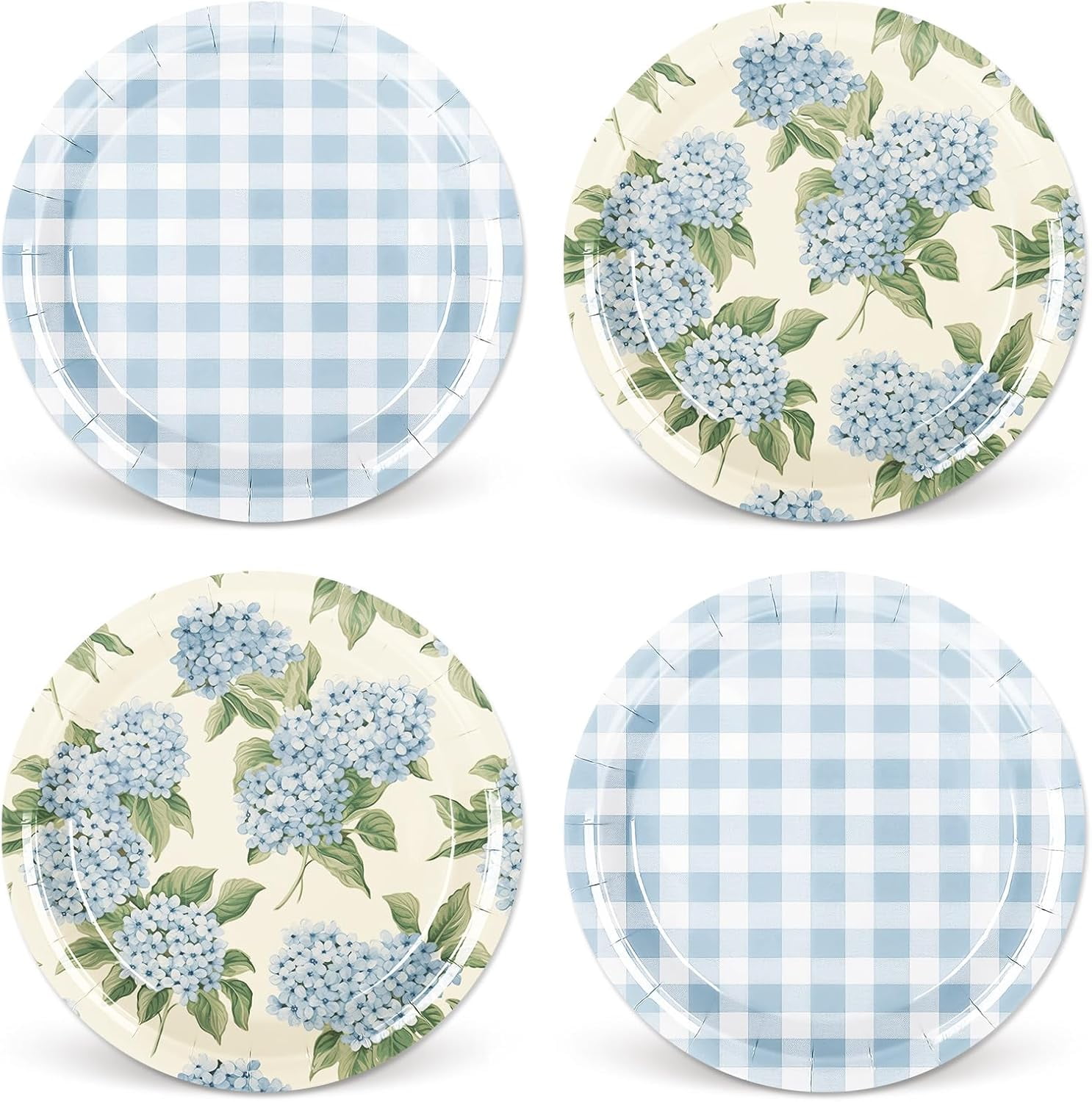 40Pcs Hydrana Plaid Paper Plate Blue And White Floral Disposable Dinner ...