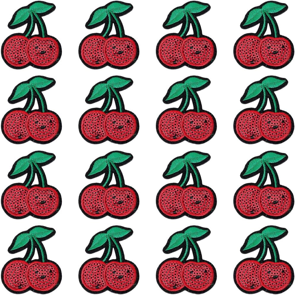 40Pcs Red Sequin Cherry Patches Cute Embroidery Fruit Iron On Applique ...