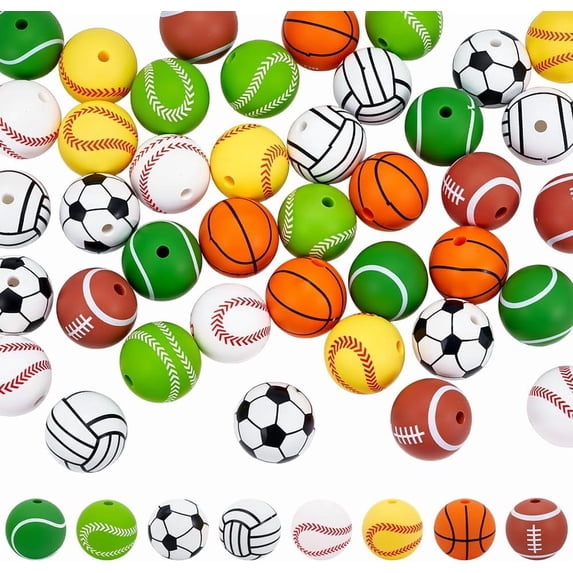40Pcs Sports Silcone Beads 8 Style Rugby Basketball Volleyball Football ...
