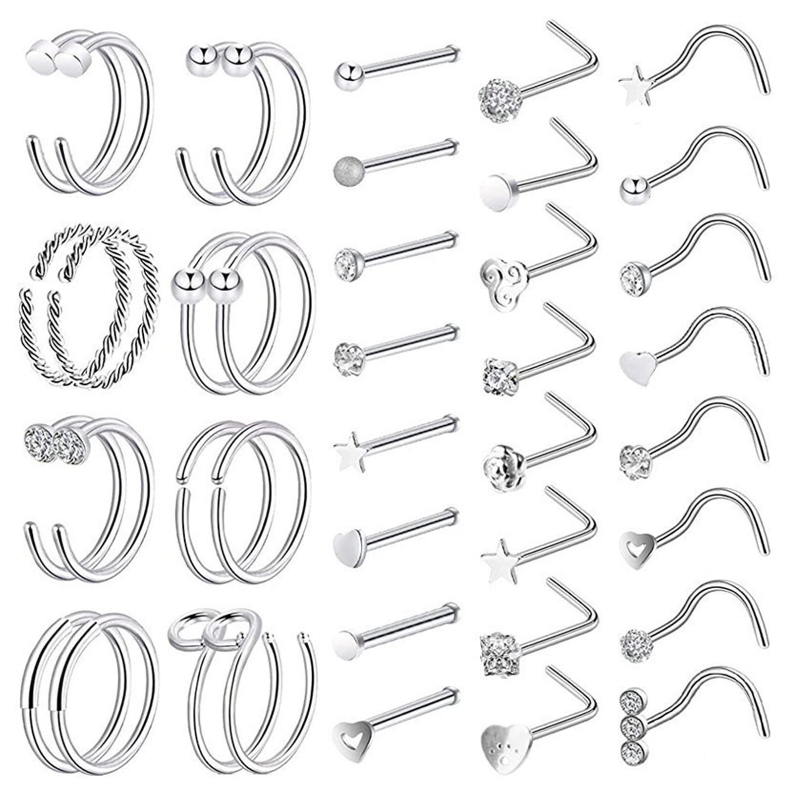 40Pcs Titanium Nose Rings Stud L Shaped Star Heart Flower Butterfly Ball Nose Stud Pure Titanium ...