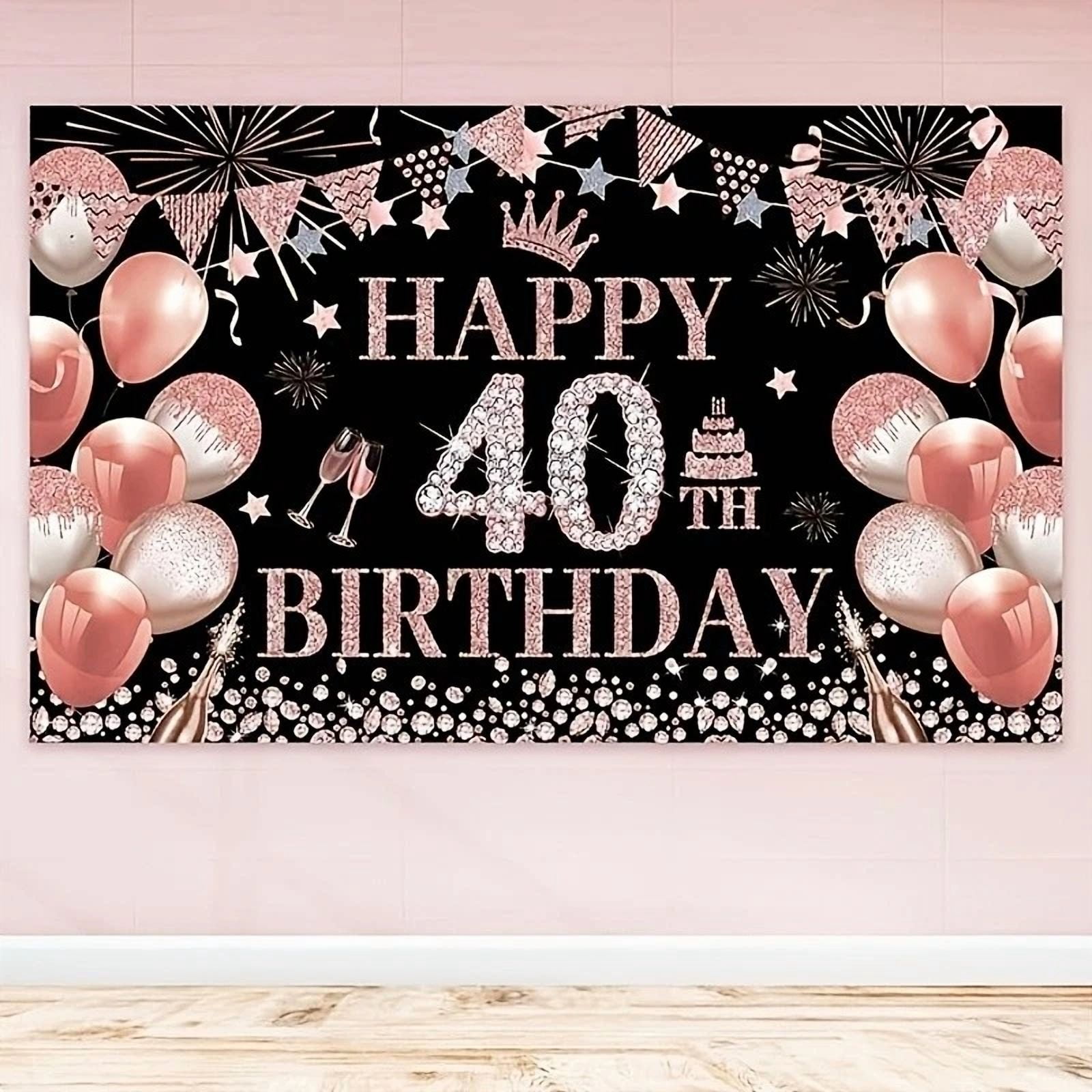 40Th Rose Gold Birthday Party Backdrop Rose Gold Glitter Balloons Happy ...