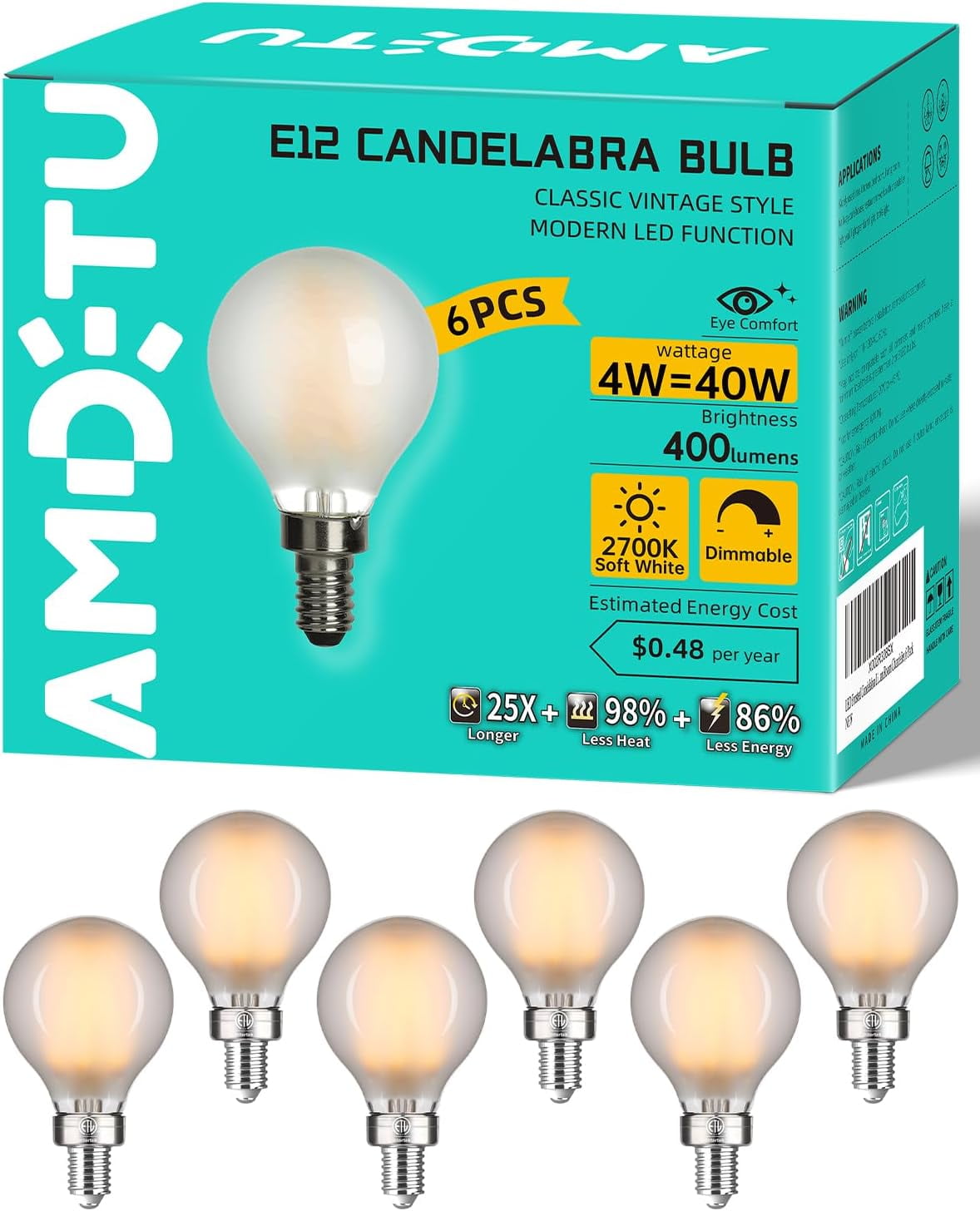 40W E12 Frosted Globe LED Bulbs, 2700K Warm White Dimmable Candelabra ...