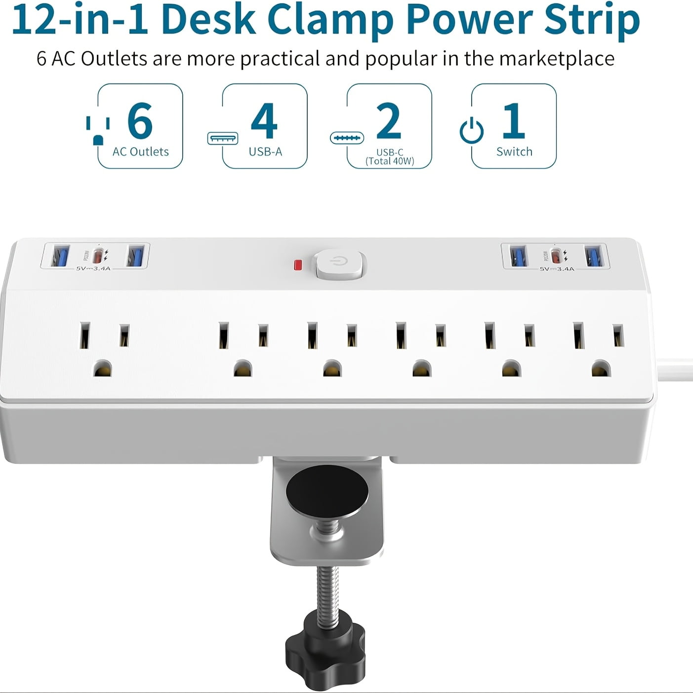 40W Fast Charging Station, Desktop Clip Power Strip with 2 PD USB-C ...
