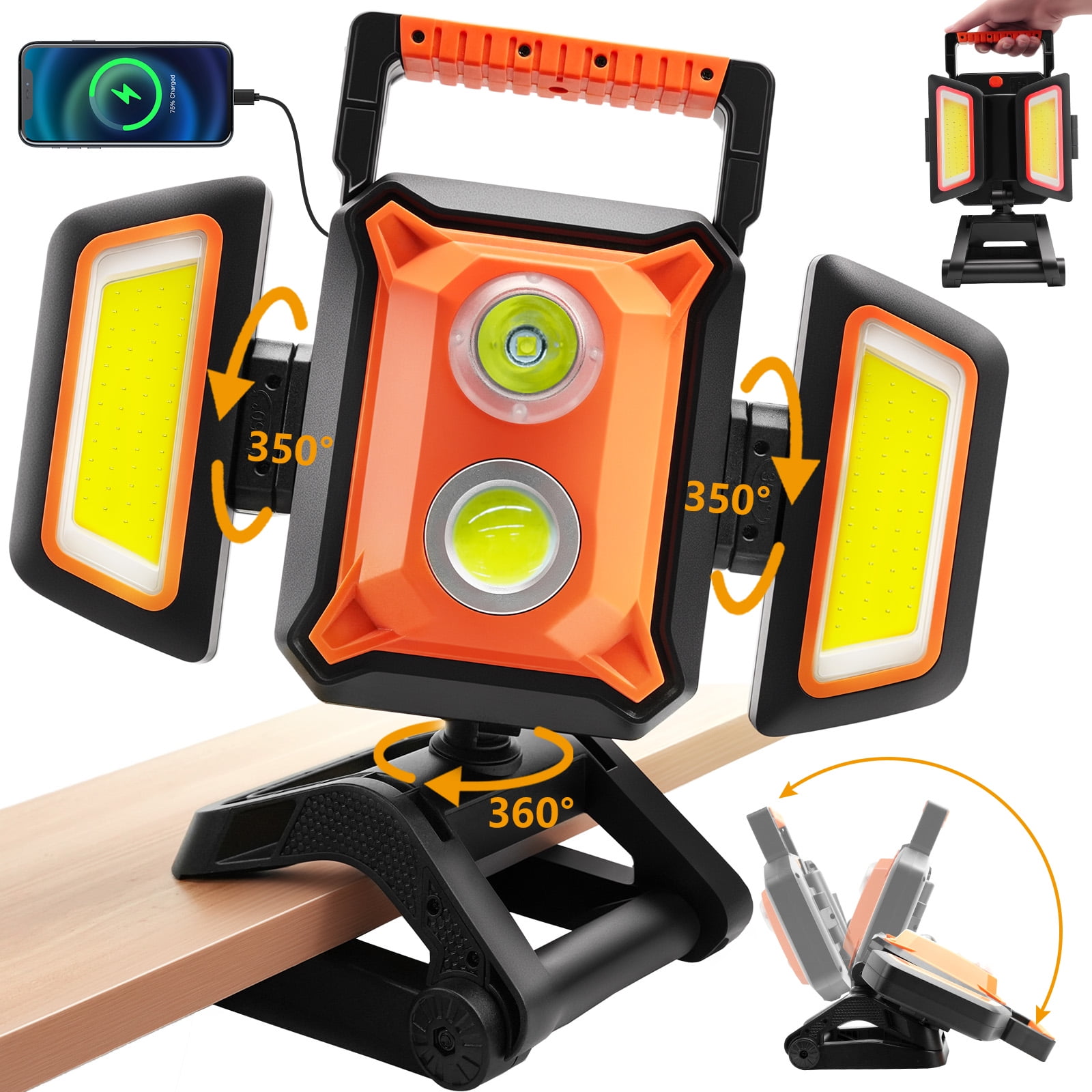 40W Rechargeable Work Light, 4000LM Magnetic Work Light with Foldable ...