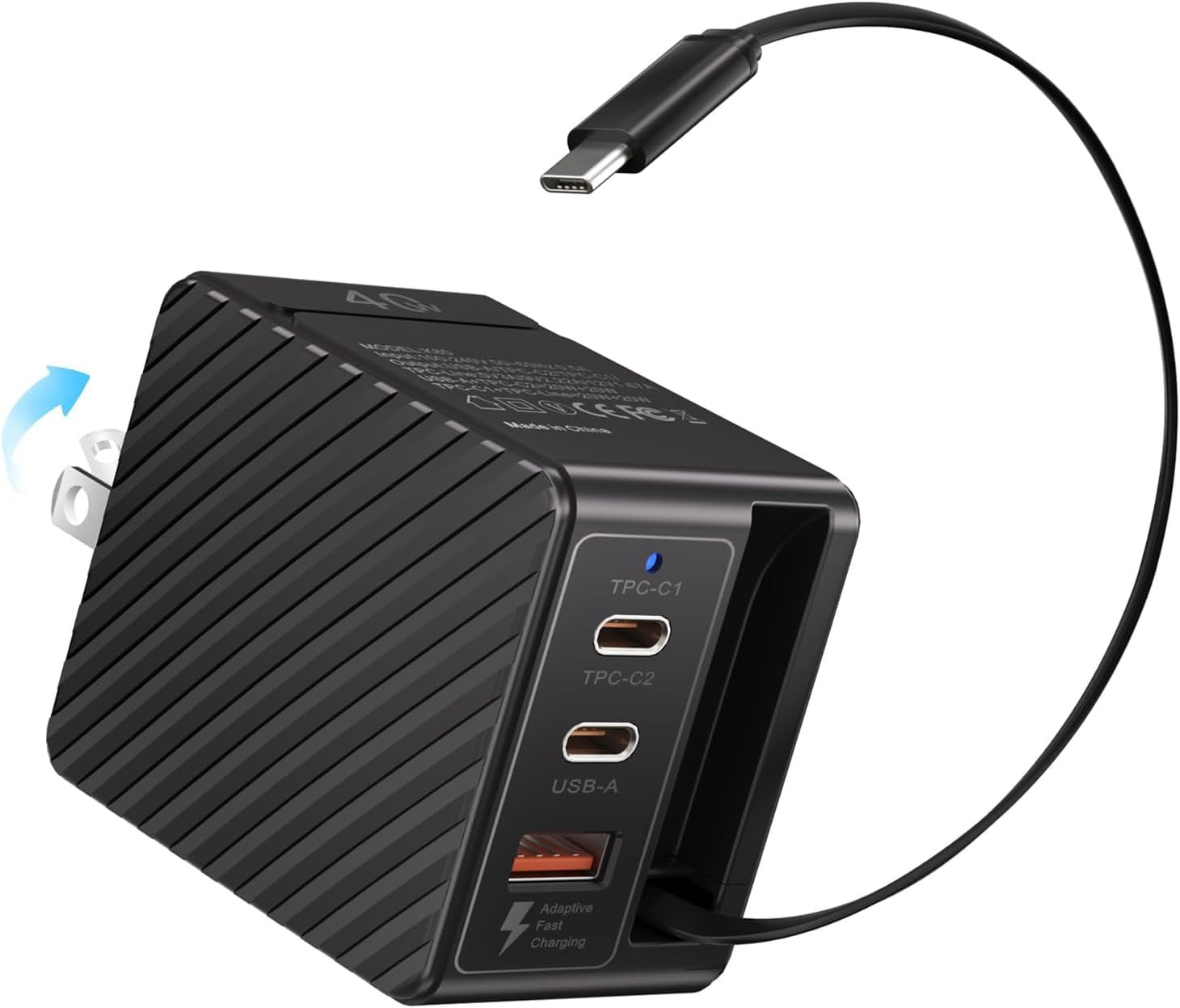 40W Retractable Wall Charger with Type-C , 4 Port GaN IV USB C Charger ...