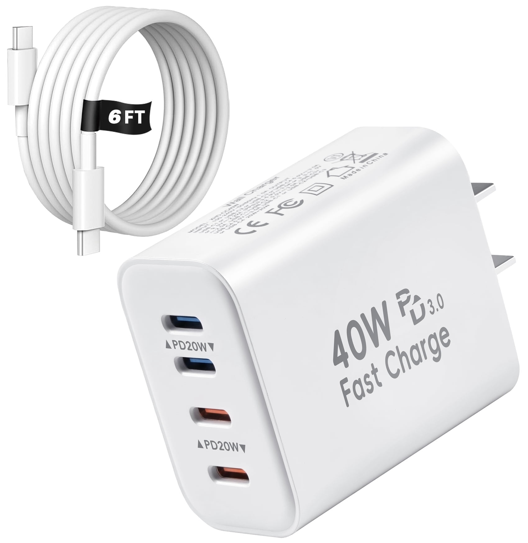 40W USB C Charger Block with 6FT USB C to C Cable, 4 USB C Port PD&QC ...