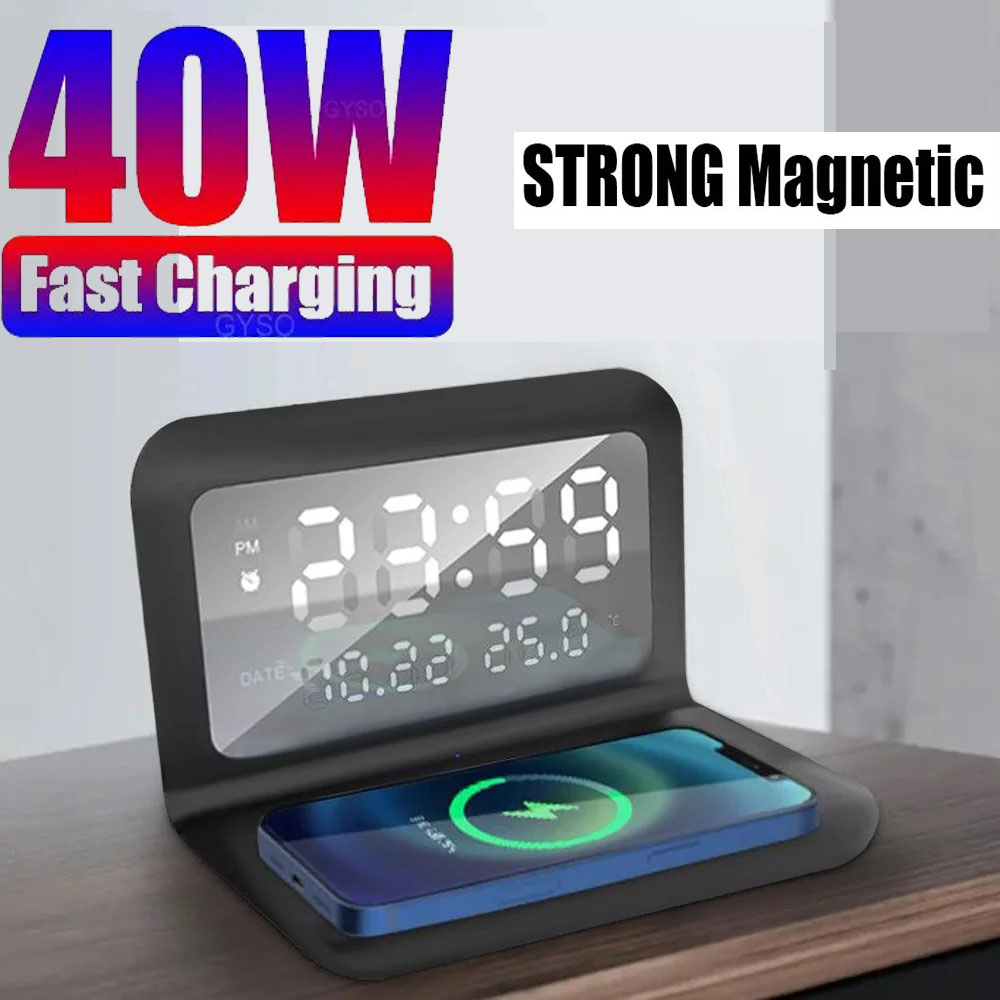 40W Wireless Charger Pad Stand with Alarm Clock Thermometer for iPhone ...