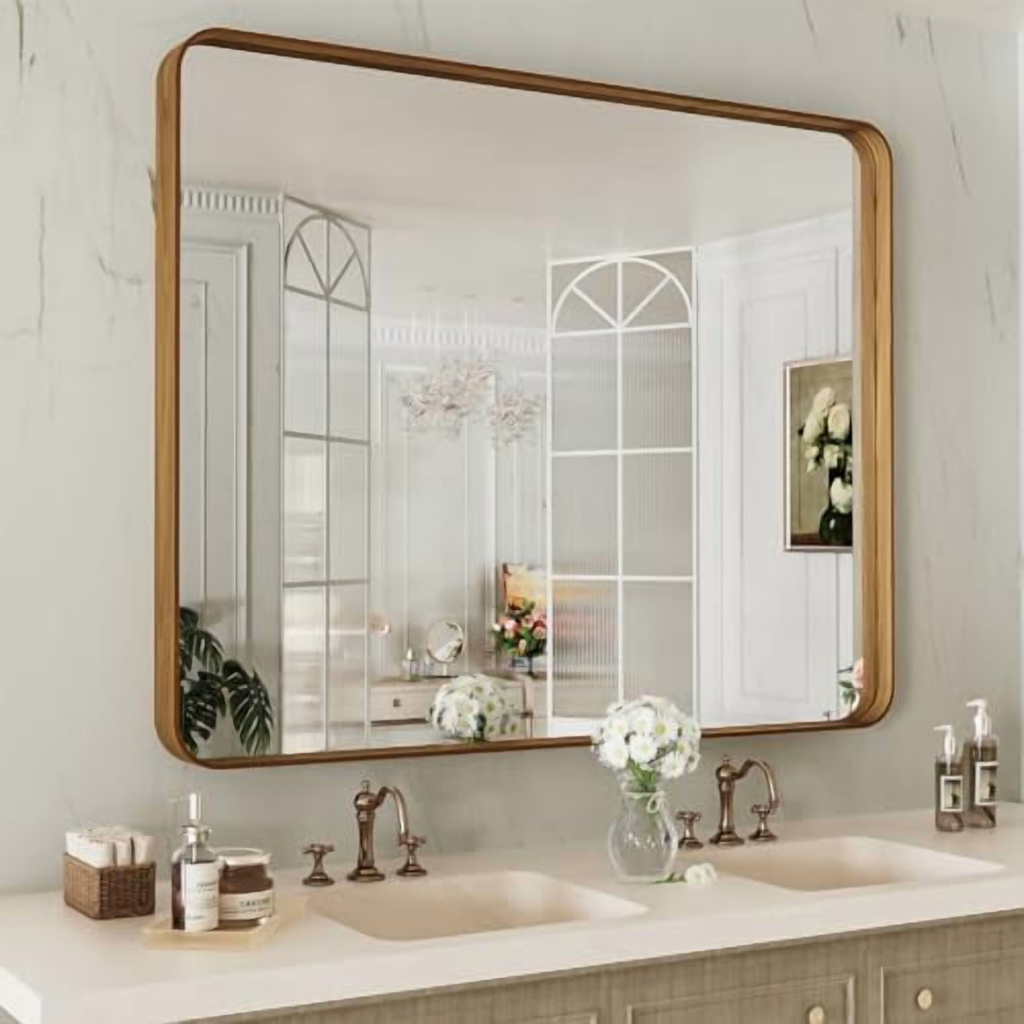 40X30 Inch Bathroom Mirror with Wood Grain Colored Metal Frame, Rounded ...