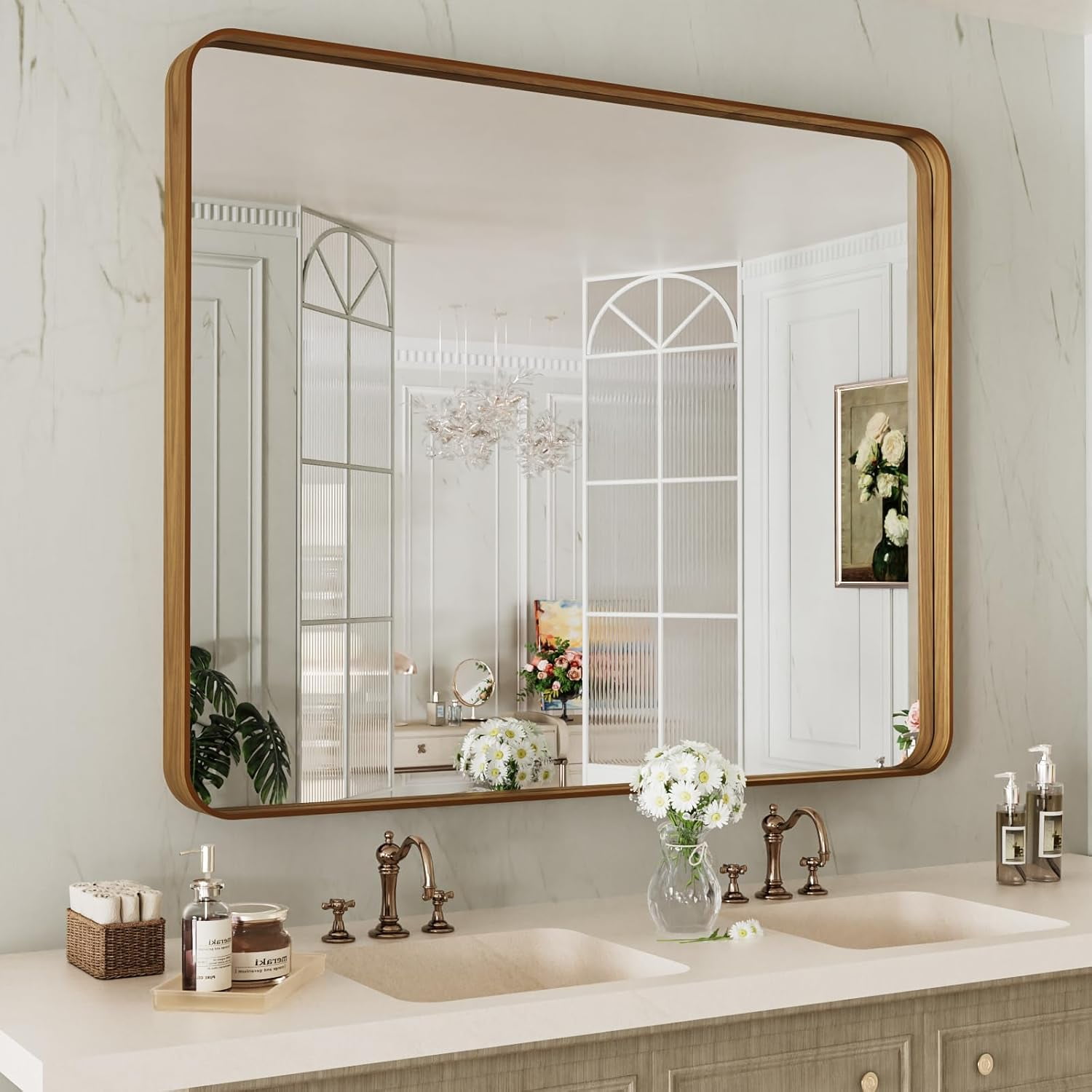 40X32 Inch Wood Grain Metal Framed Bathroom Mirror with Anti-Rust ...