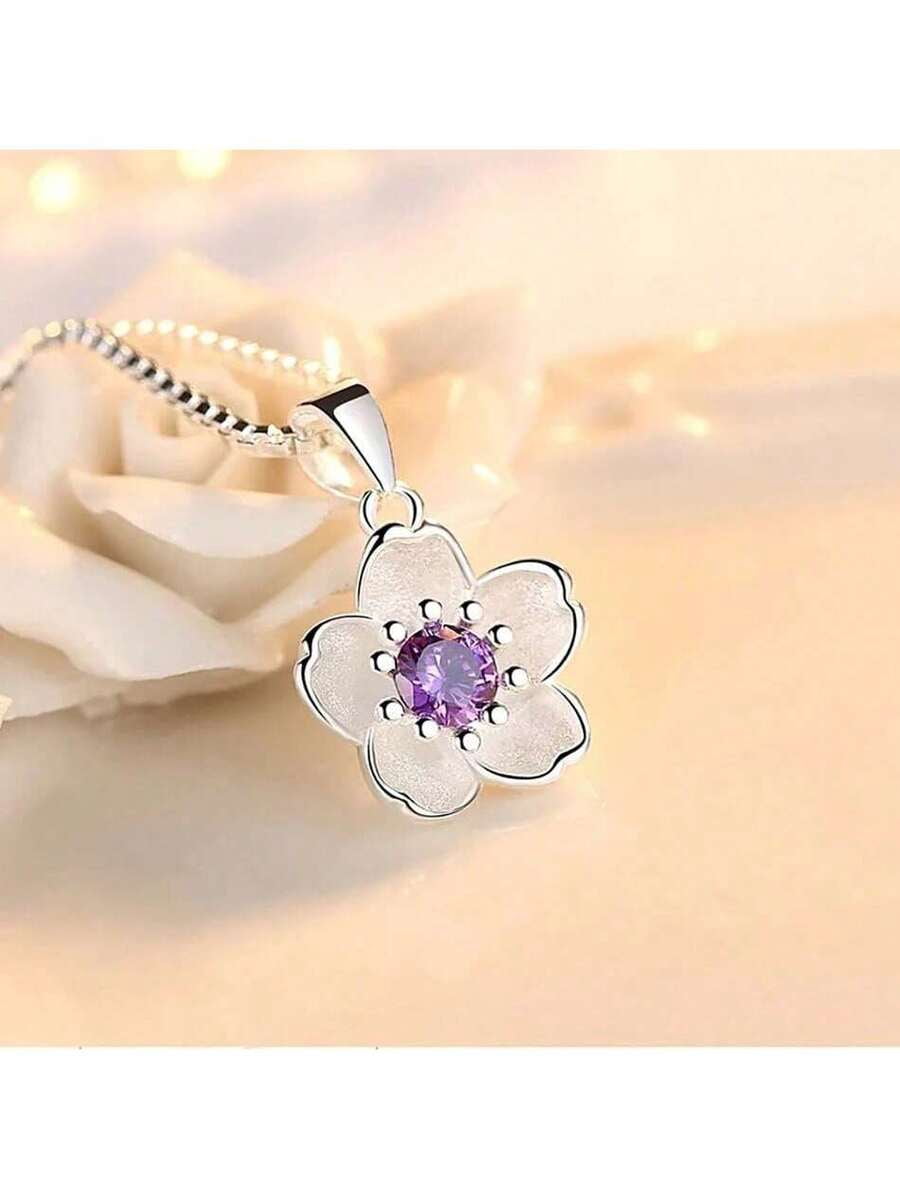 40cm 16 Inches Silvertone Flower Pendant Necklace With Purple Cubic ...