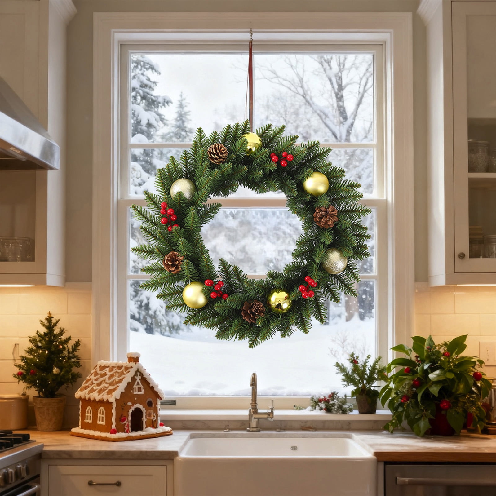 40cm Christmas Wreath with Berry Vines, Artificial Holiday Garland, PVC ...