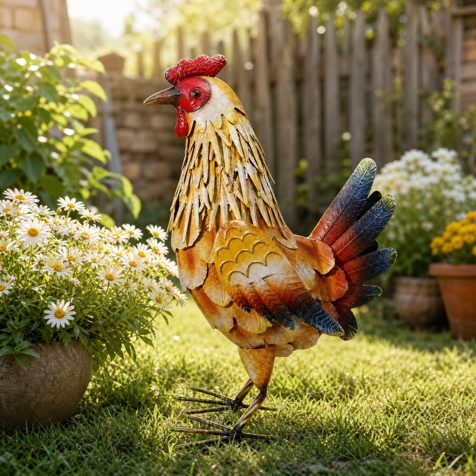 40cm Metal Chicken Figurine Colorful Rooster Statue Farm Decor Outdoor ...