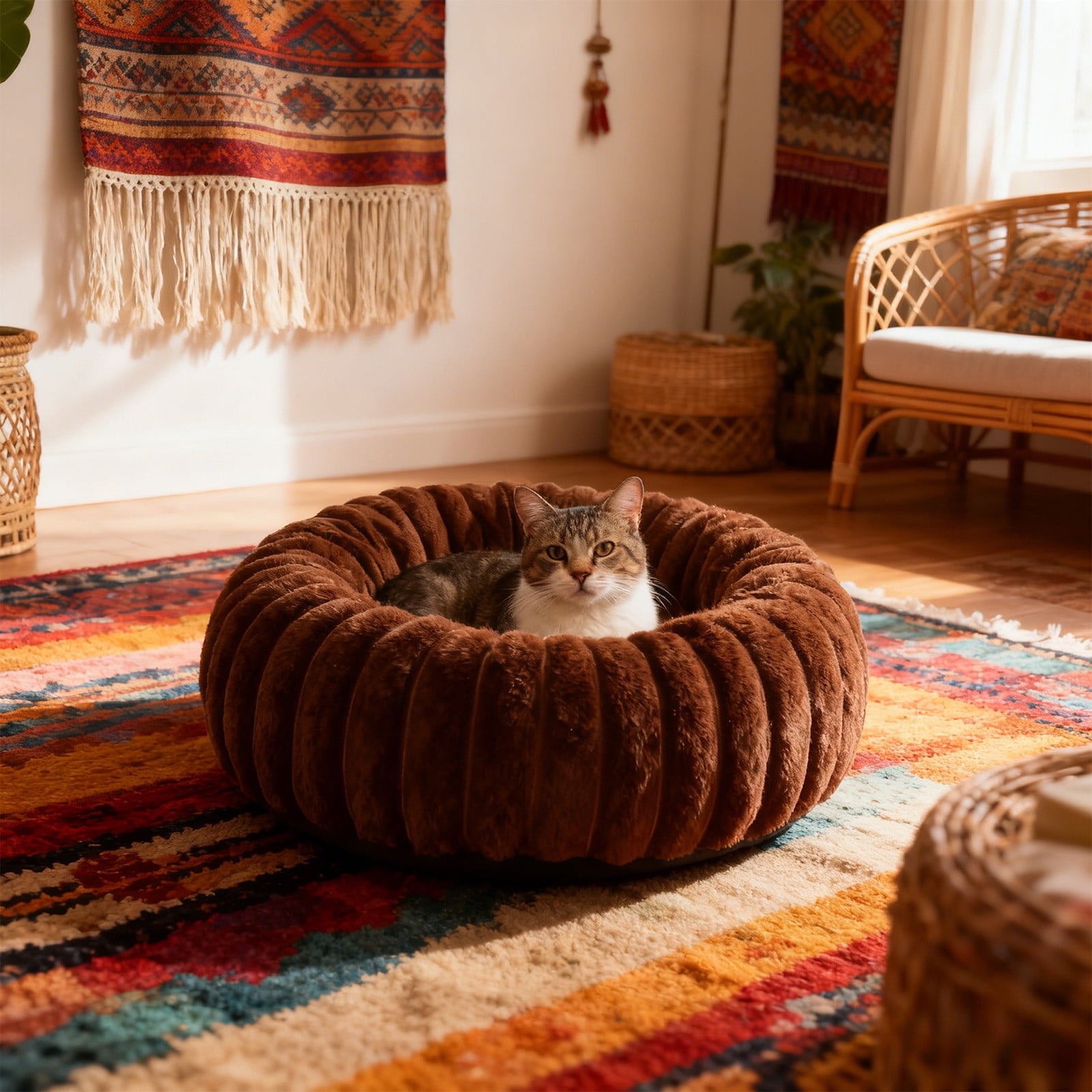 40cm Rabbit Fur Pet Bed - Winter Warm Plush Pet Nest, Round Donut Bed ...