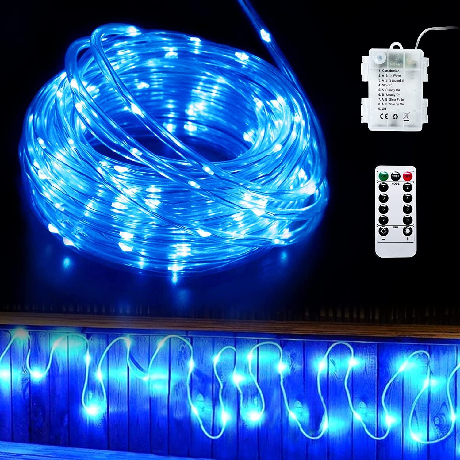 40ft 100 LED Rope Lights with Remote Control, Rope Lights Battery ...