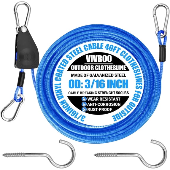 40ft Clothes Line Outdoors 3/16" Wire Ropes Blue PVC Coating Laundry ...