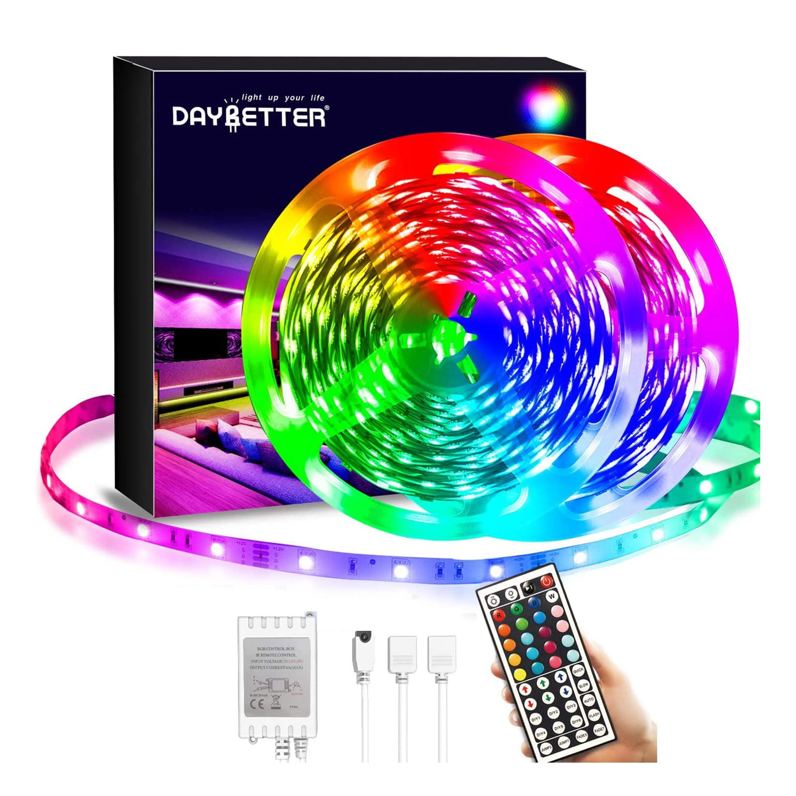 40ft RGB Color Changing LED Strip Lights - 20 Colors, 8 Light Modes ...