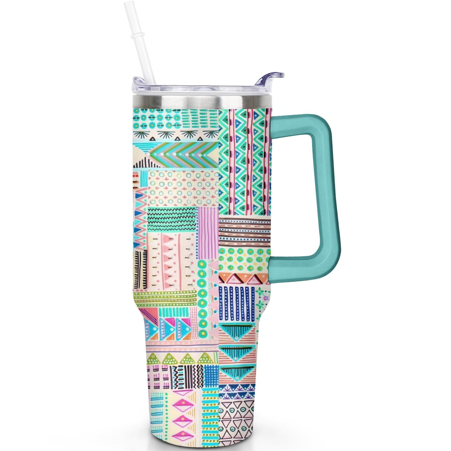 40oz Boho Tumbler with Handle | 40 oz Bohemia Theme Tumbler | Spill Proof Lid & Straw | Double ...