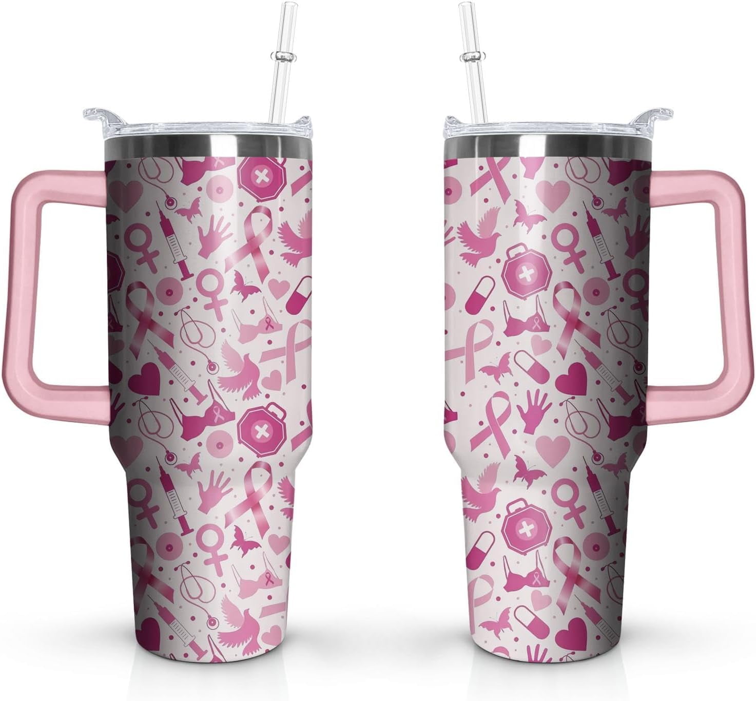 40oz Breast Cancer Awareness Tumbler with Handle and straw for Women ...