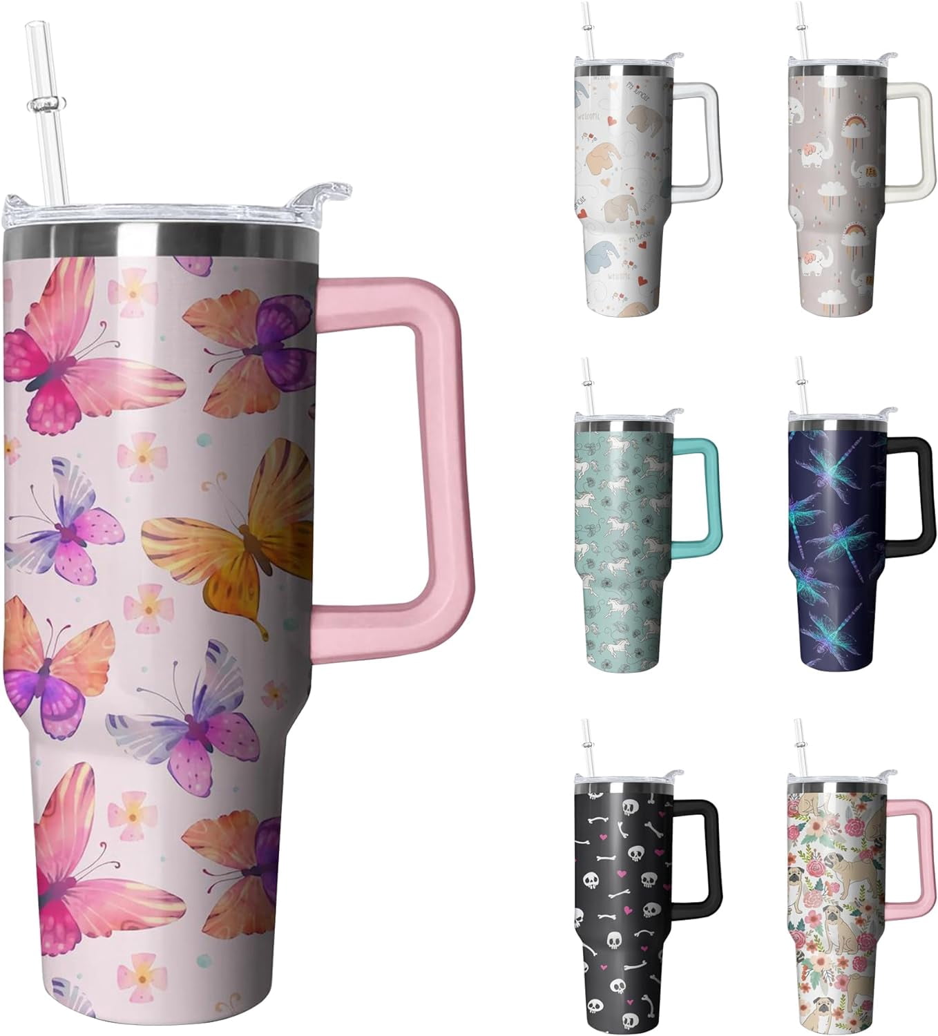 40oz Butterfly Stainless Steel Tumbler with Handle and Straw, Insulated ...