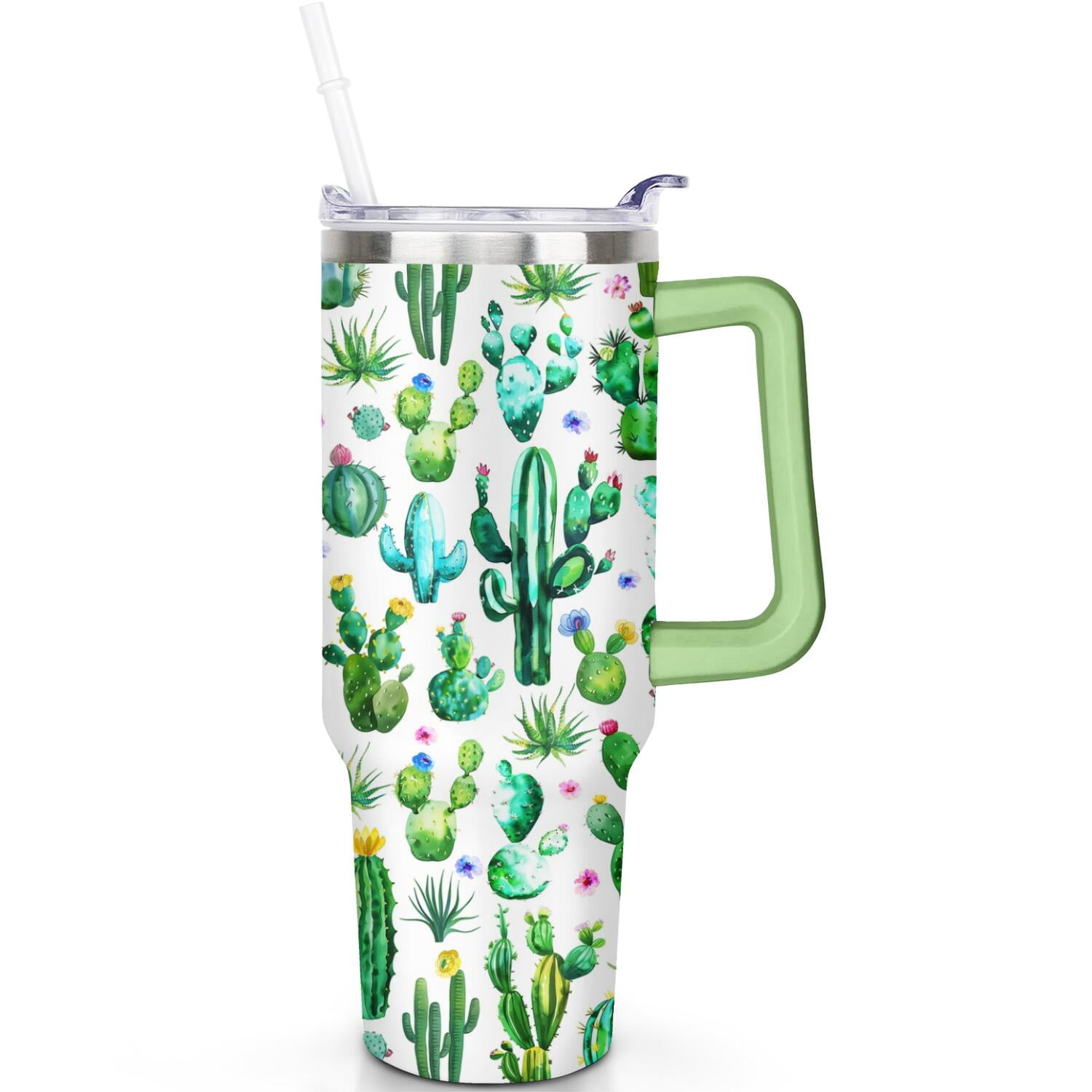 40oz Cactus Tumbler Flip Straw Lid Handle Stainless Steel Vacuum ...