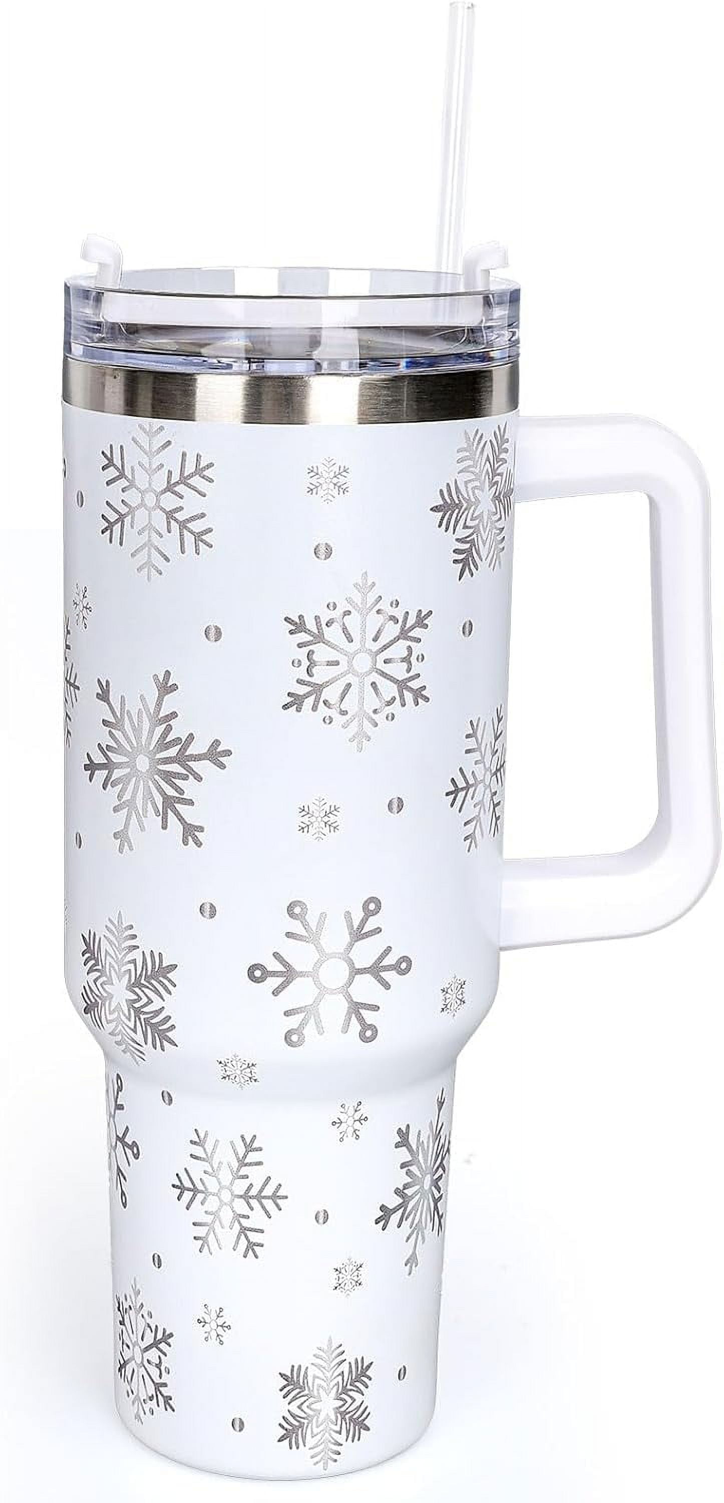 40oz Christmas Tumbler with Handle Straw and Lid Snowflake Travel ...