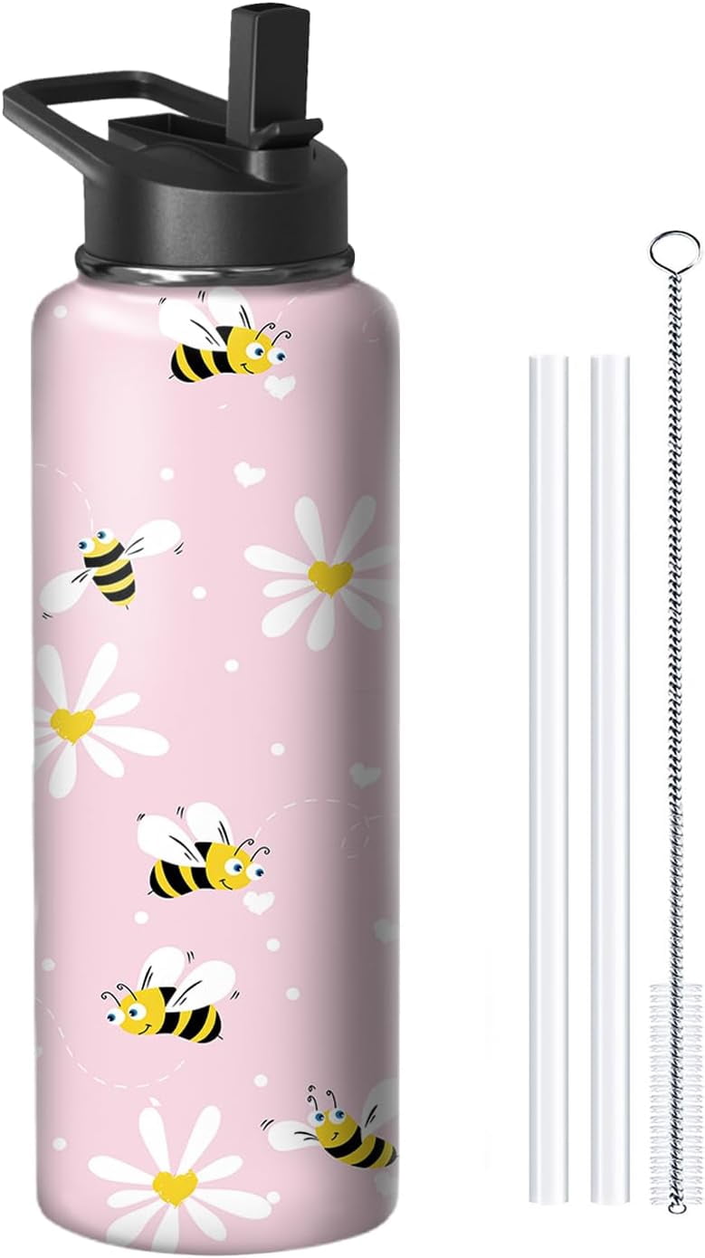 40oz Cute Bee Water Bottle with Handle and Flip Straw, Sports Stainless ...