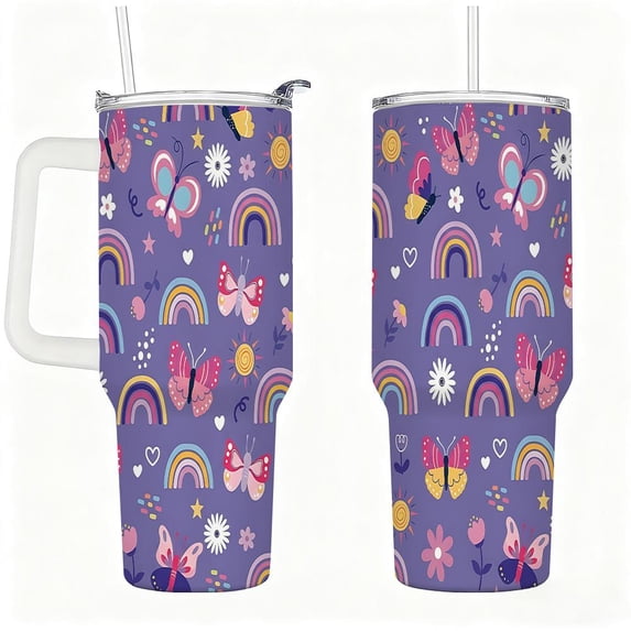 40oz Cute Butterfly and Rainbow Pattern Stainless Steel Tumbler，Coffee ...
