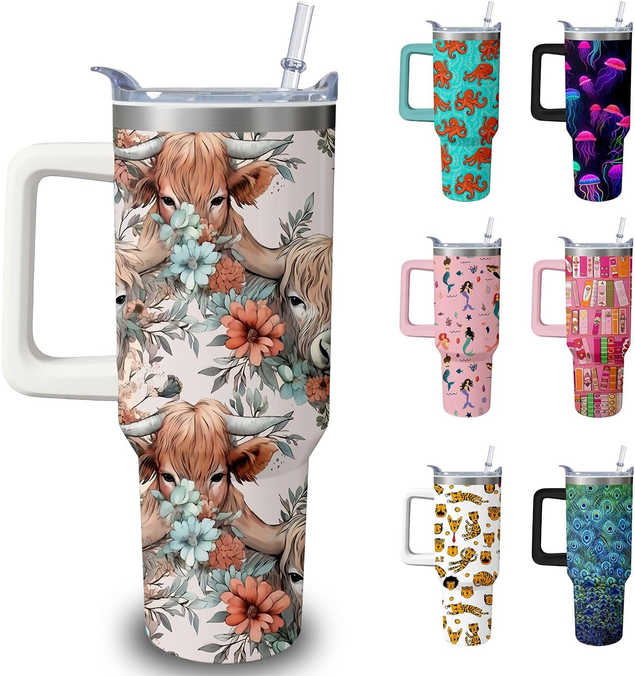 40oz Cute Highland Cow Tumbler with Handle and Straw, Animal Lovers ...