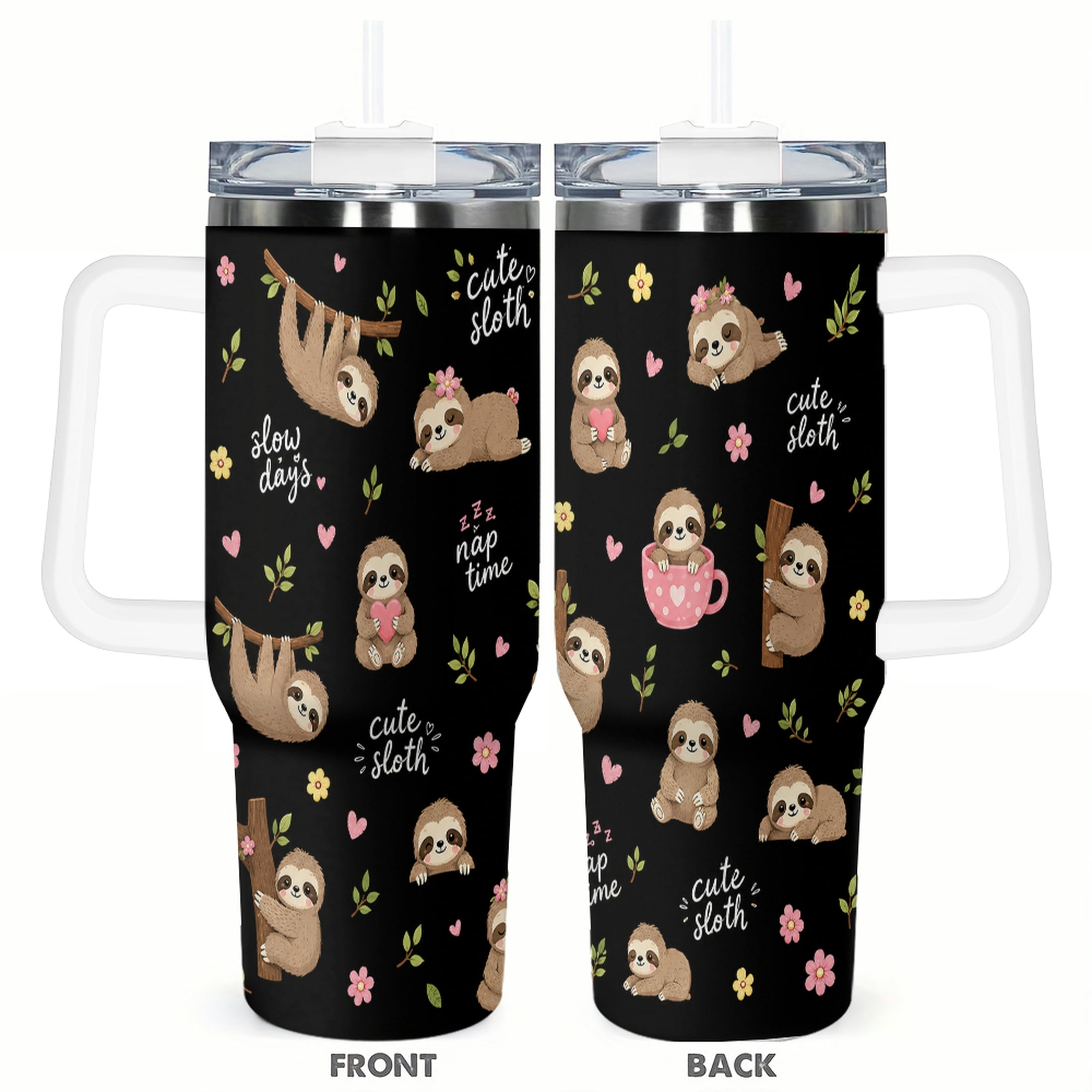 40oz Cute Sloth Floral Car Cup Insulated Tumbler Large Capacity Travel ...