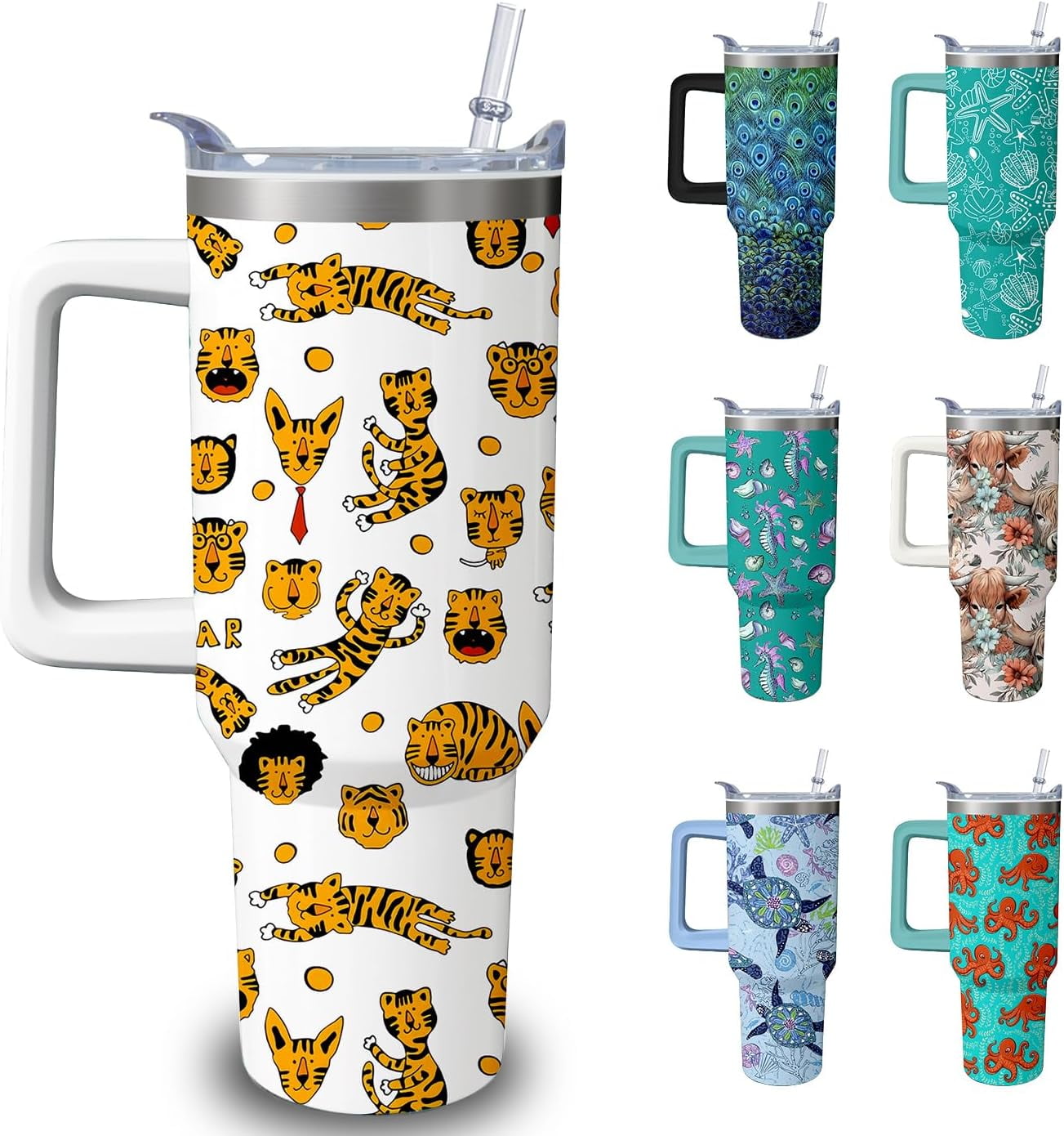 40oz Cute Tiger Tumbler with Handle and Straw, Animal Lovers Gifts for ...