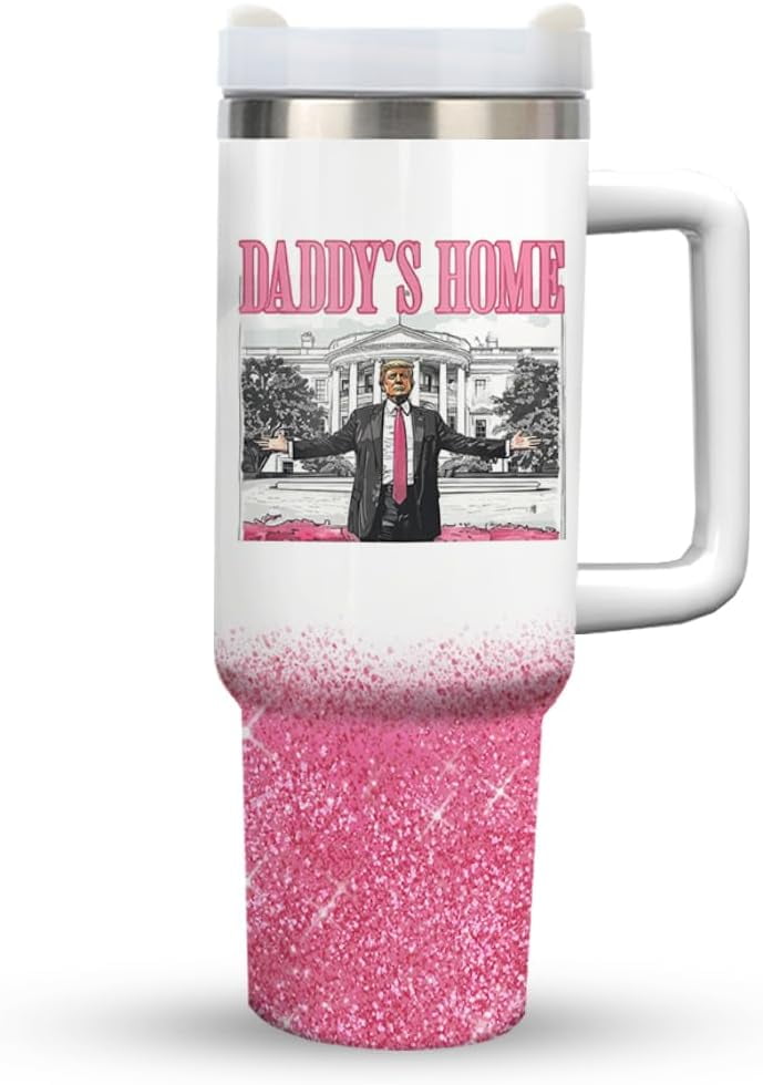 40oz Daddy’s Home Trump 2024 Pink Glitter Tumbler with Handle, Stainless Steel Gift for Women ...