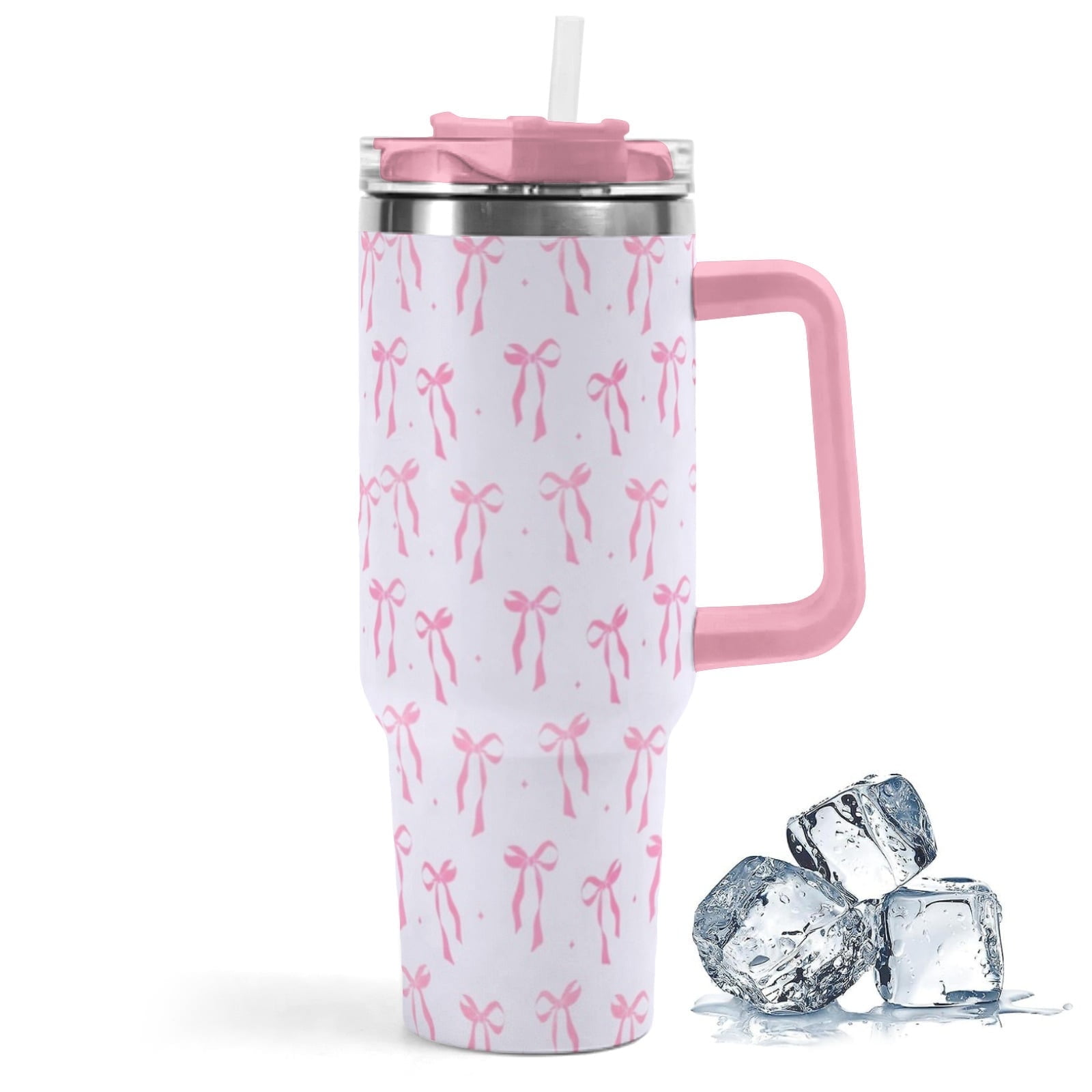 40oz Elegant Pink Bow Tumbler - Insulated Travel Mug with Handle ...