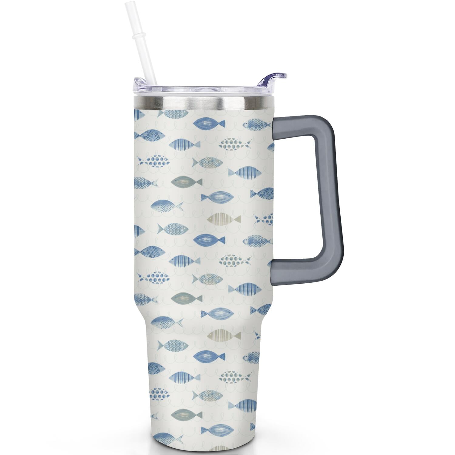 40oz Fish Tumbler with Spill Proof Lid Straw Stainless Steel Double ...