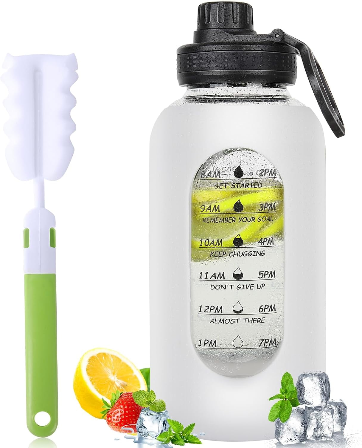 40oz Glass Water Bottle with Handle Lid Time Marker Motivational Sport ...