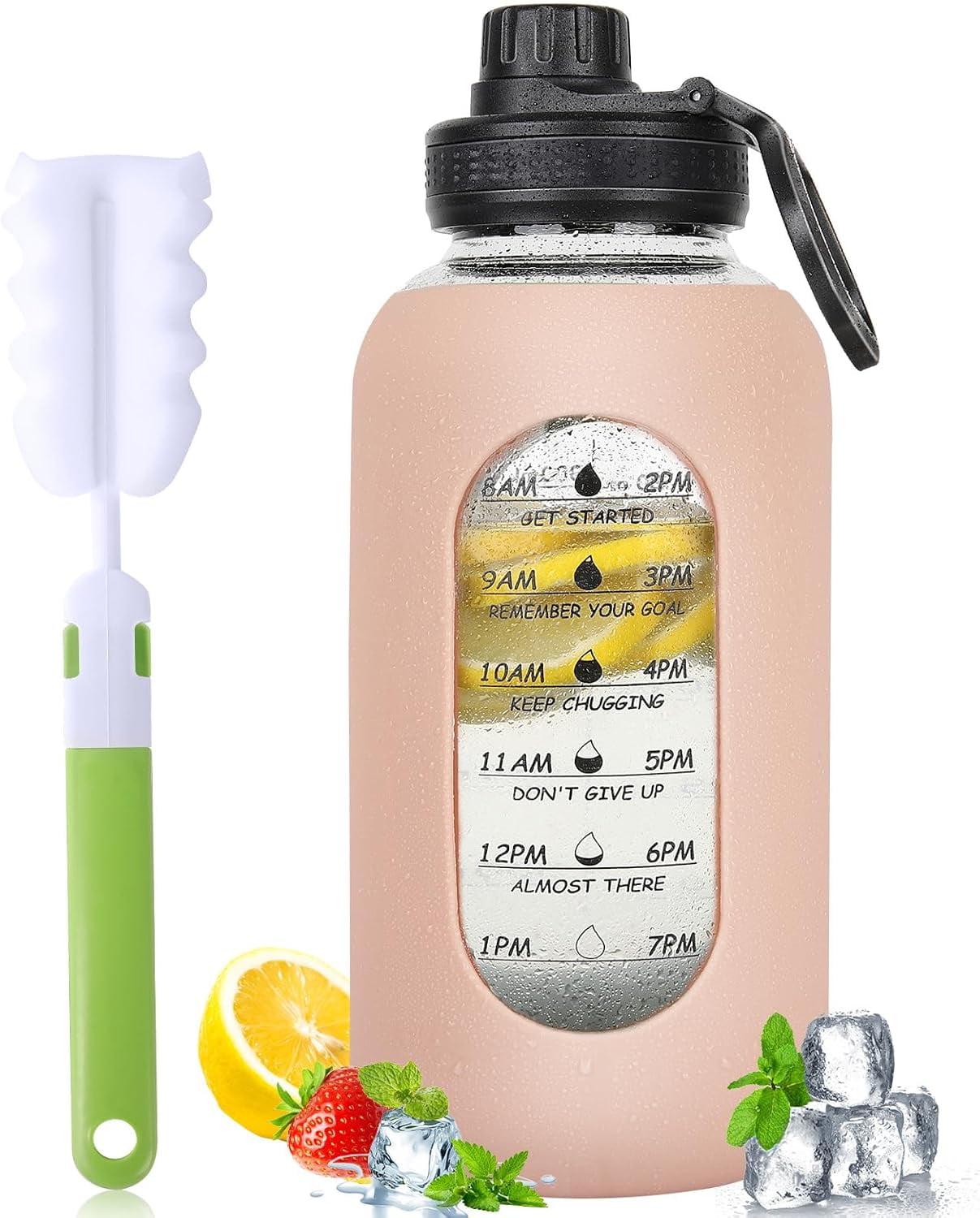 40oz Glass Water Bottle with Handle Lid Time Marker Motivational Sport ...