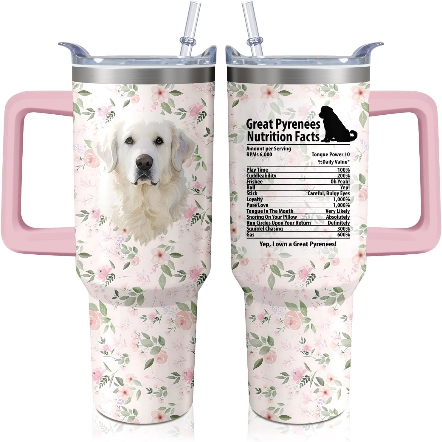 40oz Great Pyrenees Dog Tumbler with Handle and Straw, Funny Stainless ...