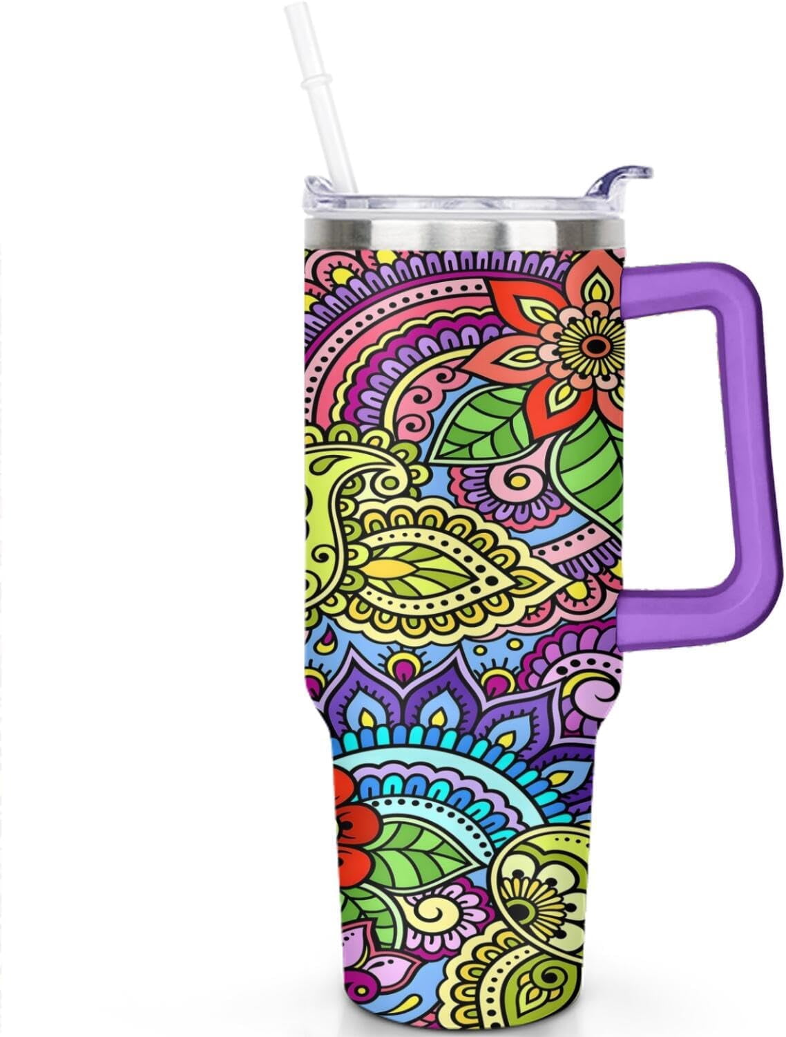 40oz Insulated Stainless Steel Tumbler with Handle and Straw, Colorful ...