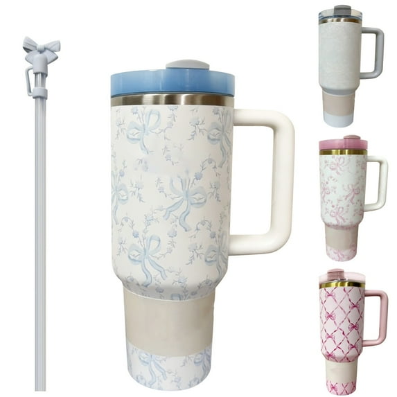 40oz Insulated Travel Tumbler with Handle, Blue & White Bow Pattern ...