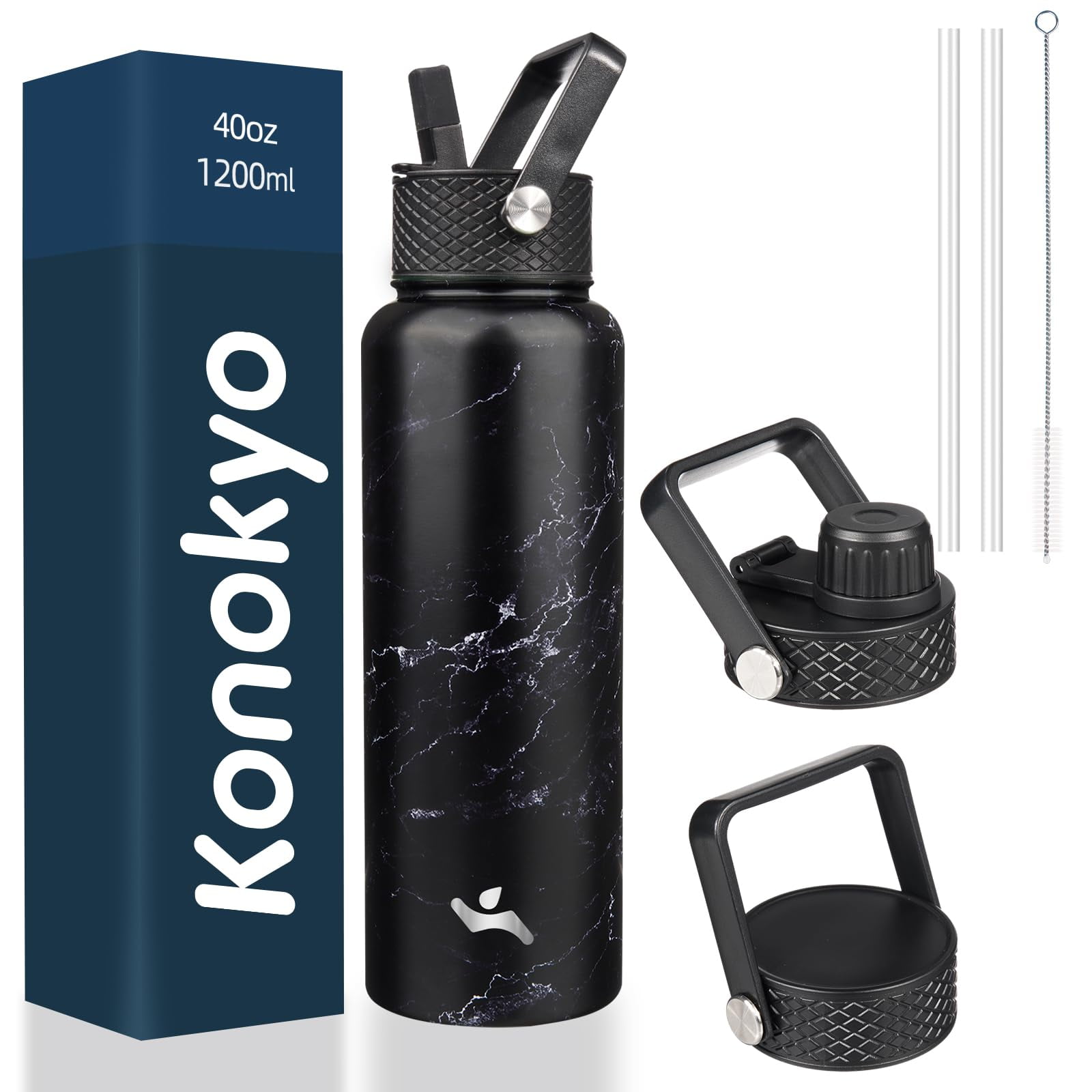 40oz Insulated Water Bottle Stainless Steel Sport Bottles with 3 Lids ...